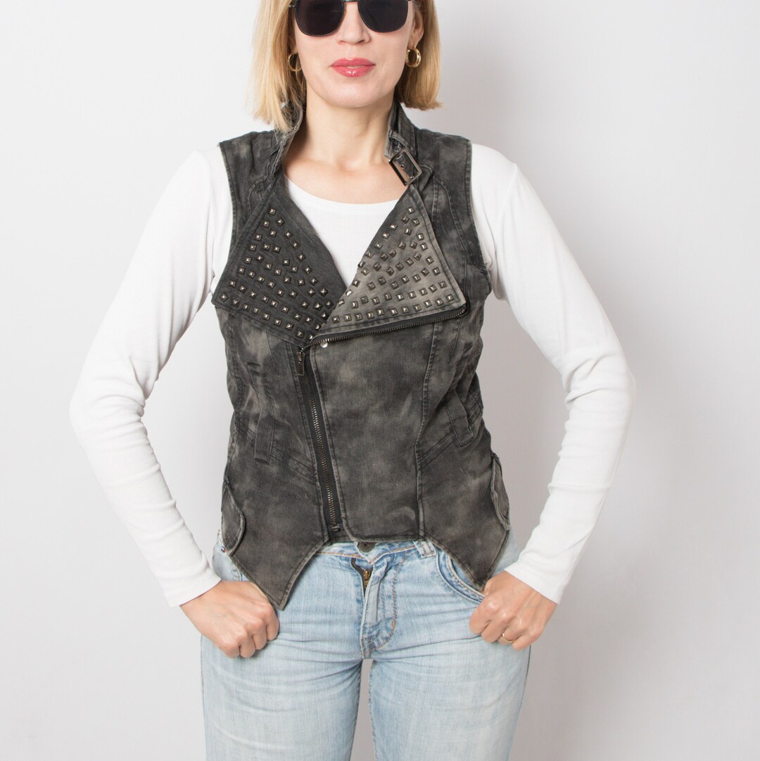 Vintage Studded Vest Steampunk Vest Black Denim Vest Blue Waistcoat ...