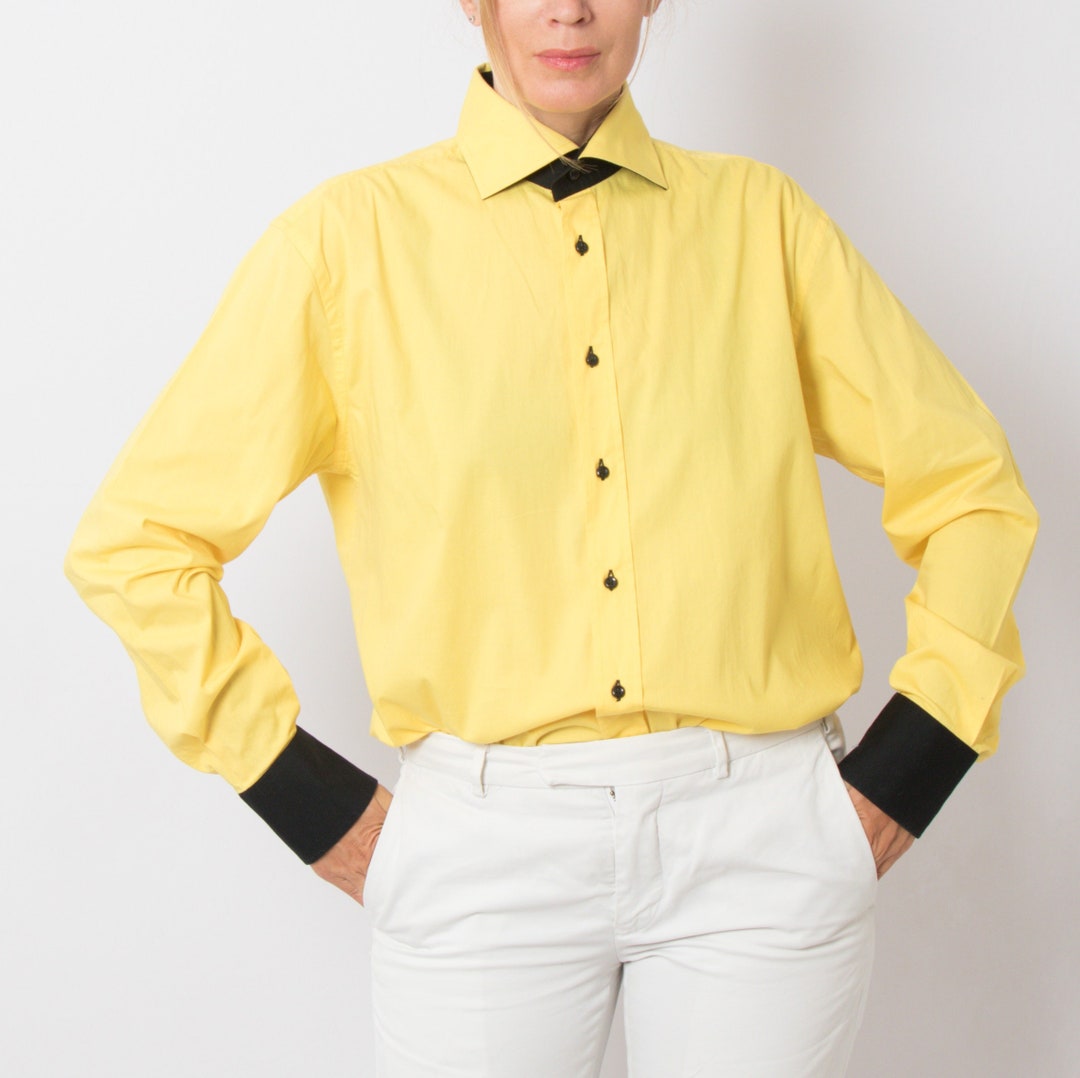 Salvatore Colella 90s Lemon Yellow Button Down Shirt With Blue Collar and Cuffs Large Size - Etsy
