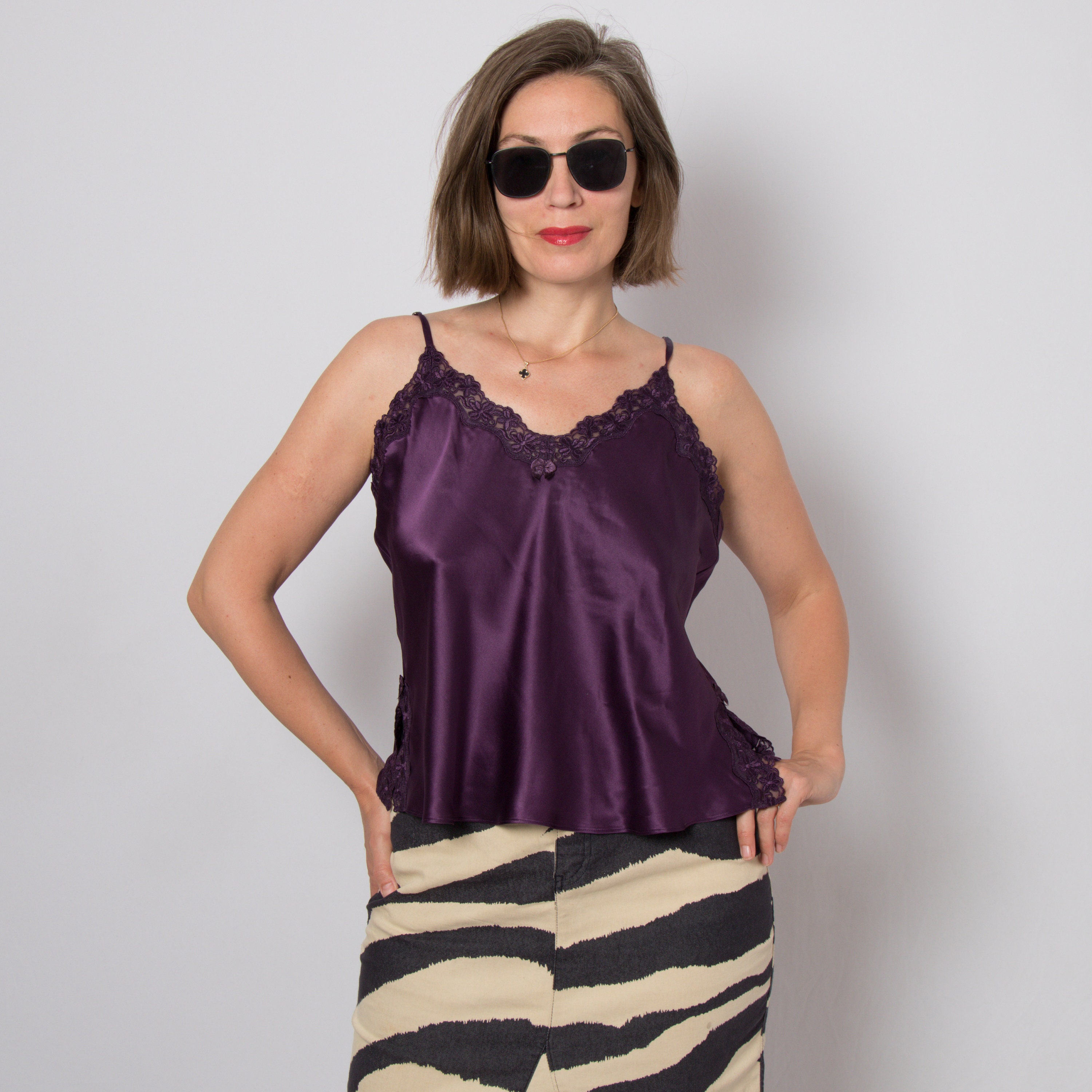 Purple Camisole Top Silk Cami Top Floral Lace Top Day and | Etsy