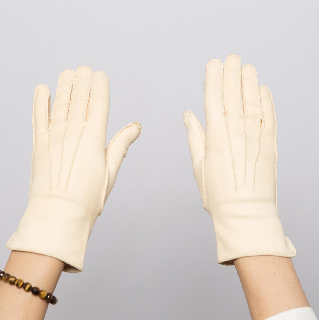 Vintage Oatmeal White Leather Gloves Ladies Leather Gloves Short Gloves ...