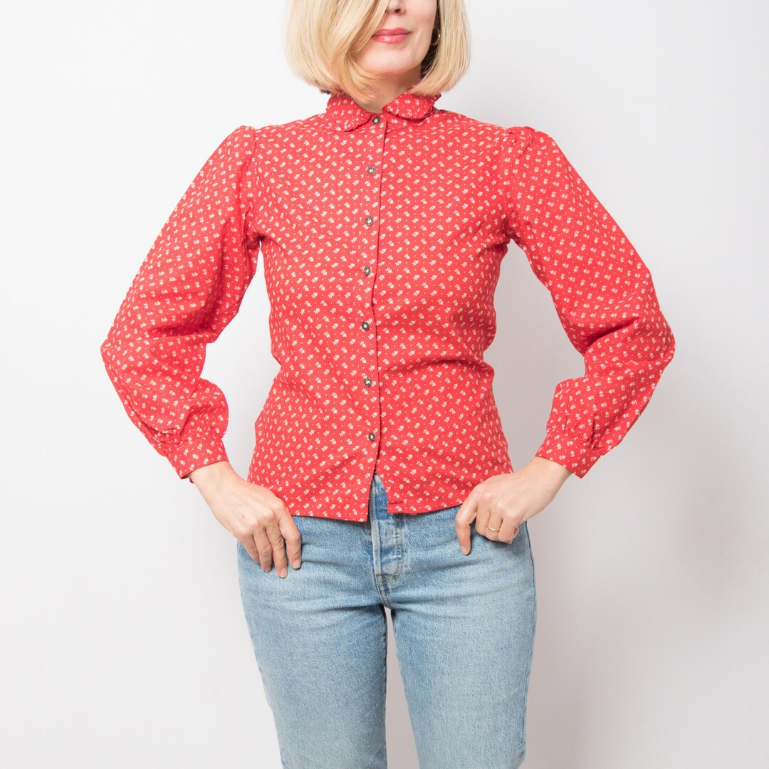 Vintage DISTLER Red Floral Trachten Blouse Bishop Sleeve Blouse Folk ...