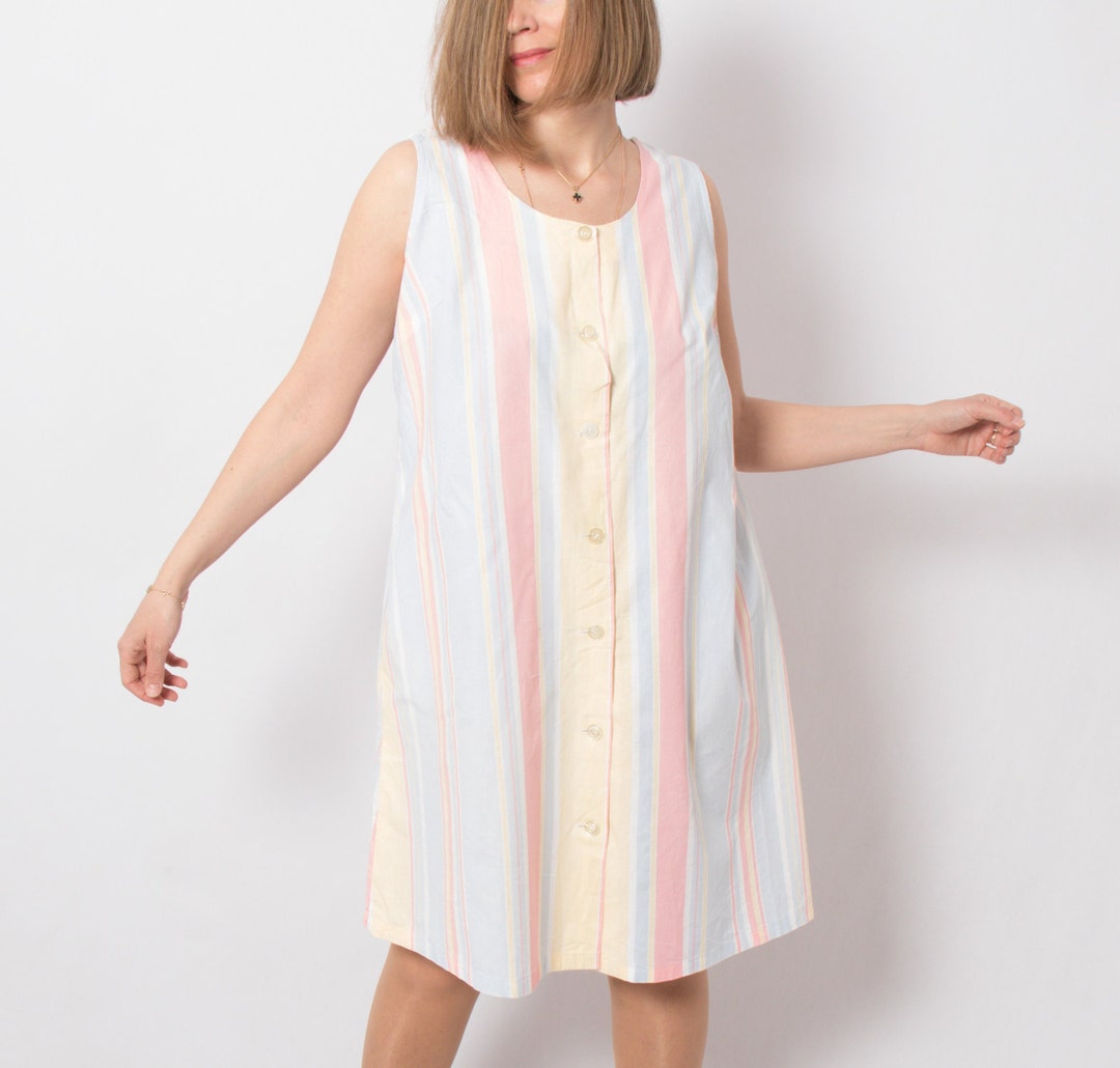 Vintage Cotton Sundress Button Front Dress Pastel Striped Summer Tent ...