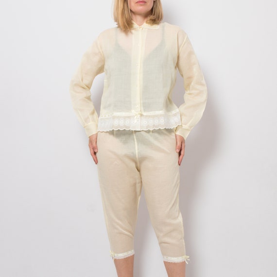 RARE Vintage Sheer Linen Pajama Set Delicate Lace Tri… - Gem