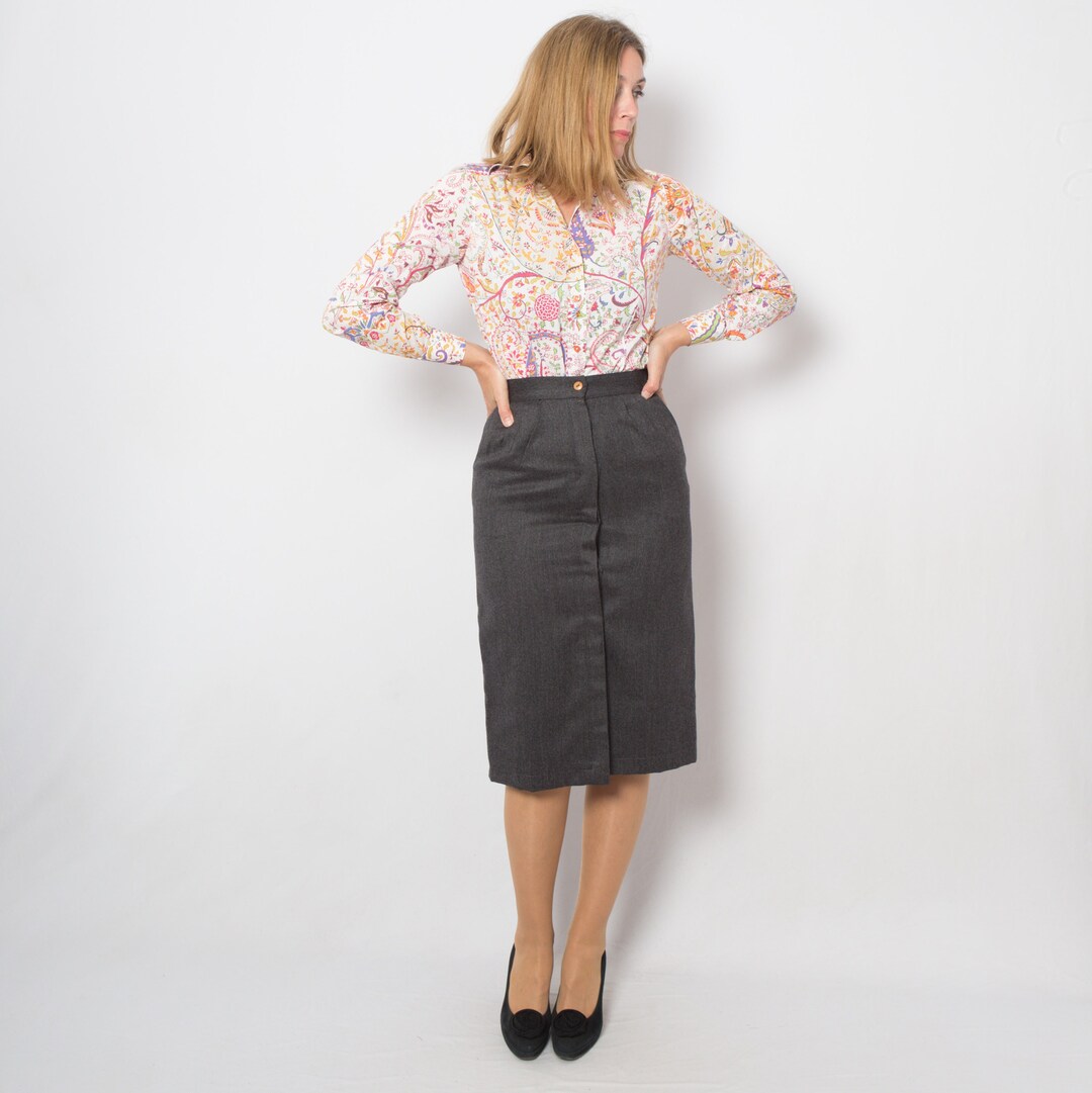 Vintage Grey Wool Skirt Pencil Skirt Button up Closure With Pockets ...