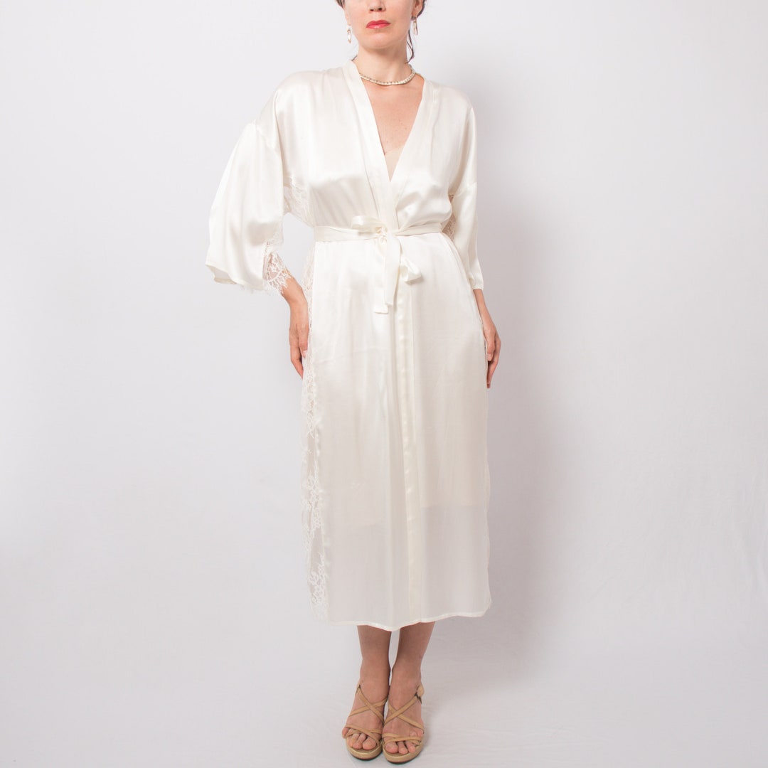 Vintage White Long Silk Robe Satin Peignoir Silk Dressing Gown Medium ...