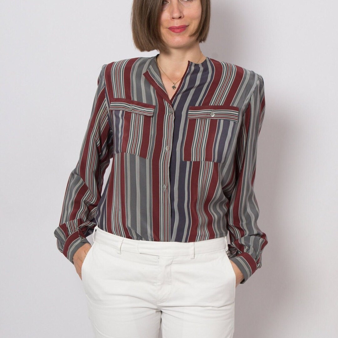 80s Striped Real Silk Blouse Romantic Collarless Button up Silk Shirt ...