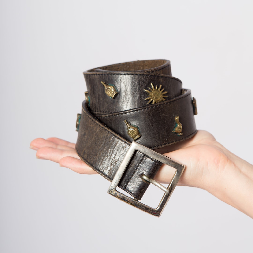 MOSCHINO Jeans Embellished Brown Leather Waist Belt With Sun Animal ...