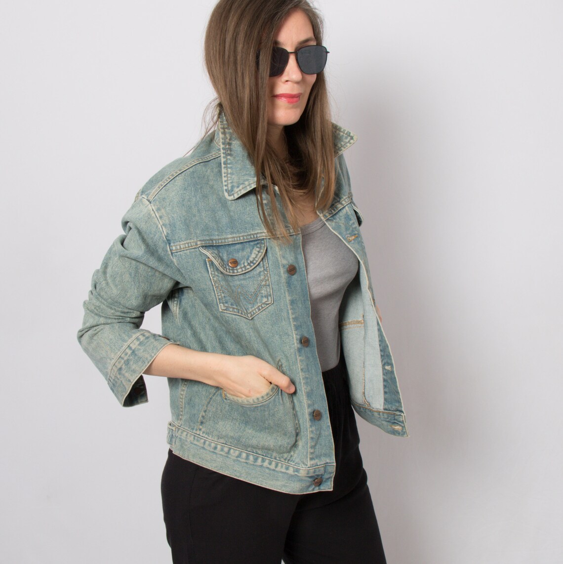 WRANGLER Oversized Denim Jacket Trucker Jacket Cropped Washed - Etsy