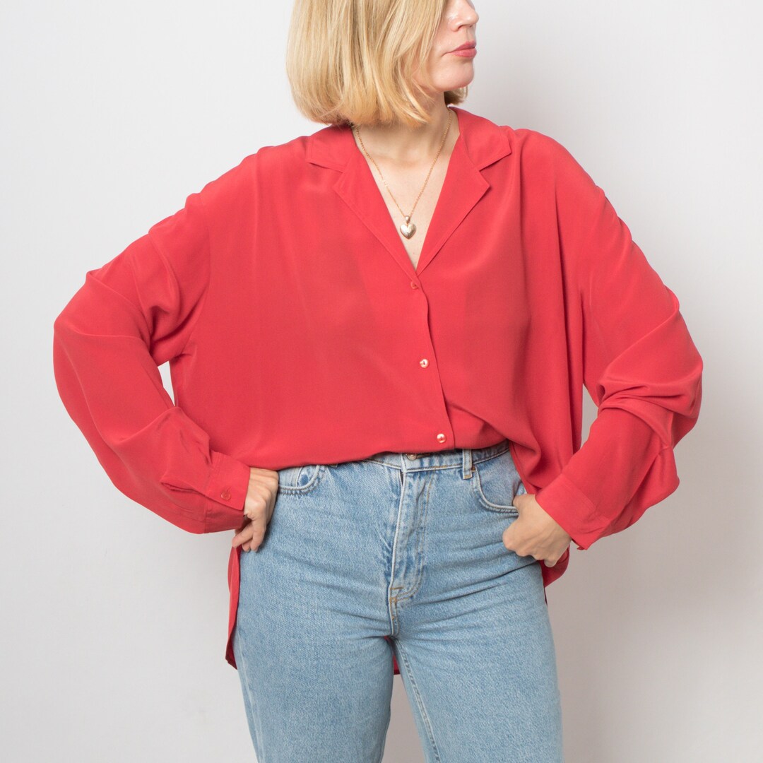 Vintage Italian Red Silk Blouse Flowy Blouse Silk Button Down Shirt ...