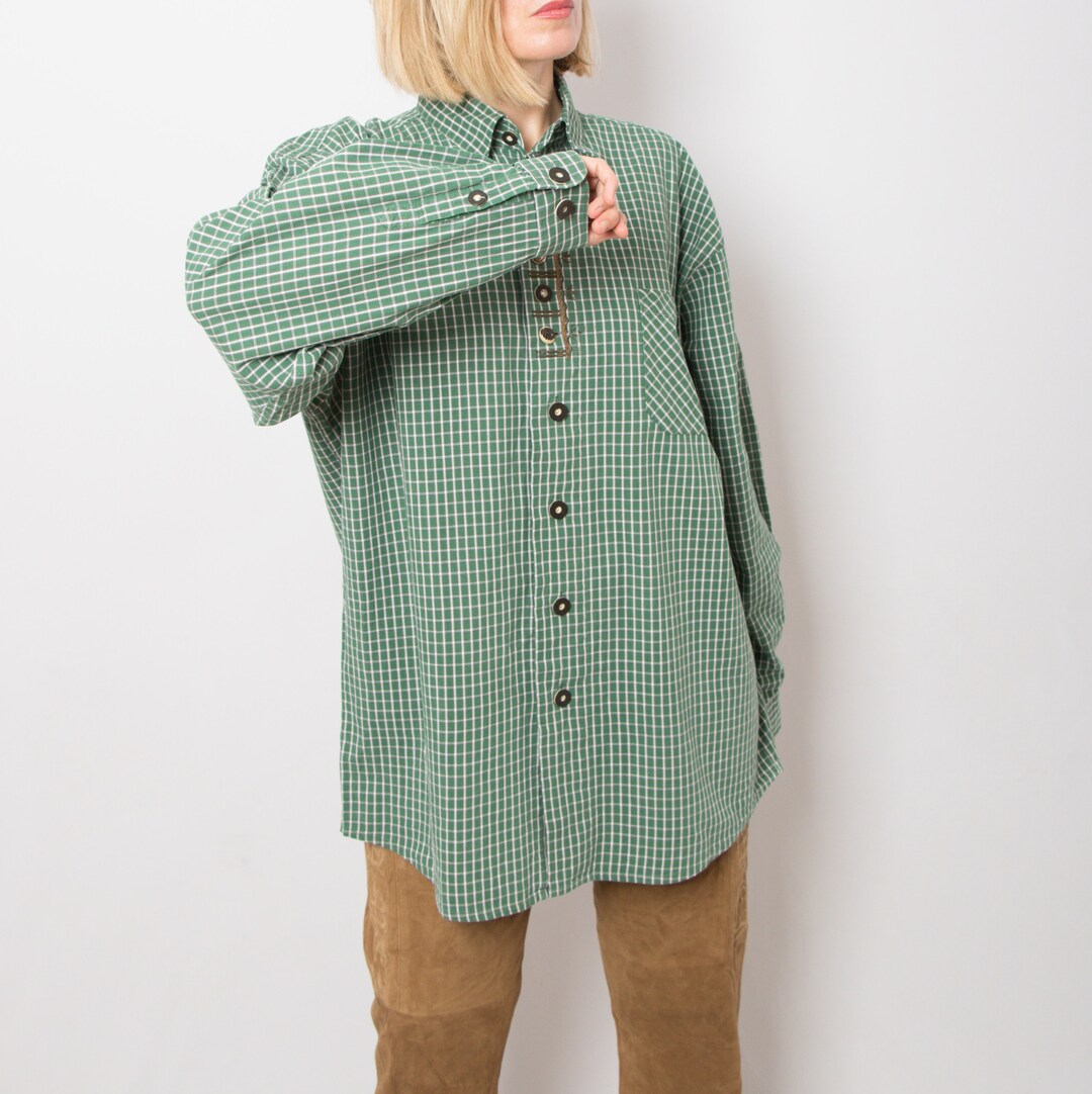 Vintage Green Plaid Button up Shirt Folk Loden Shirt XL Dirndl ...