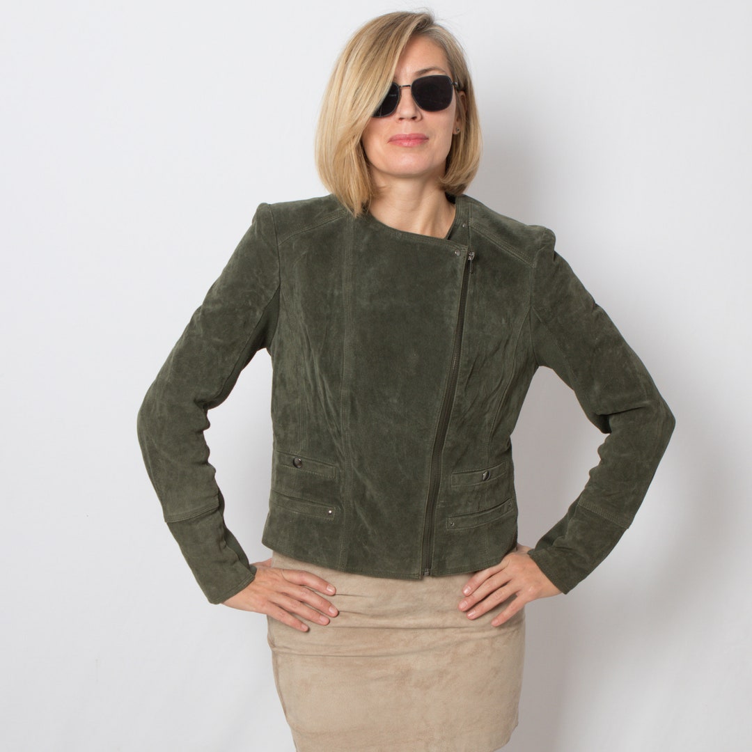 Y2K Green Suede Jacket Moto Crop Leather Jacket Medium Size Gift for ...