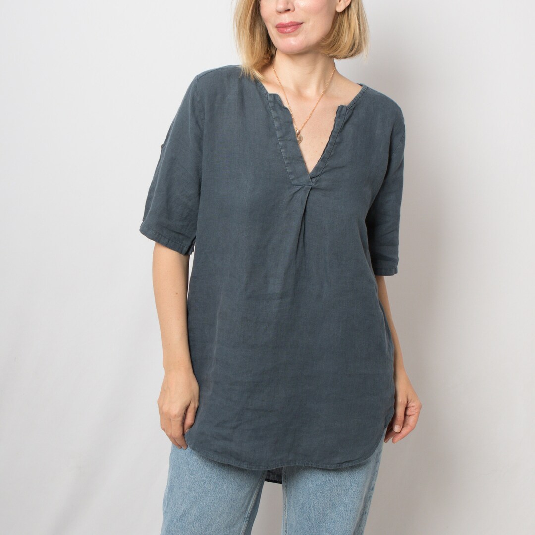 Vintage Simple Blue Linen Peasant Top Oversized Linen Peasant Blouse ...