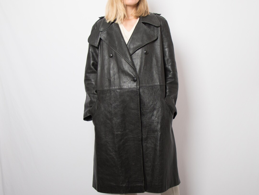 80s 90s Vintage Black Leather Duster Coat Oversized Double-breasted ...