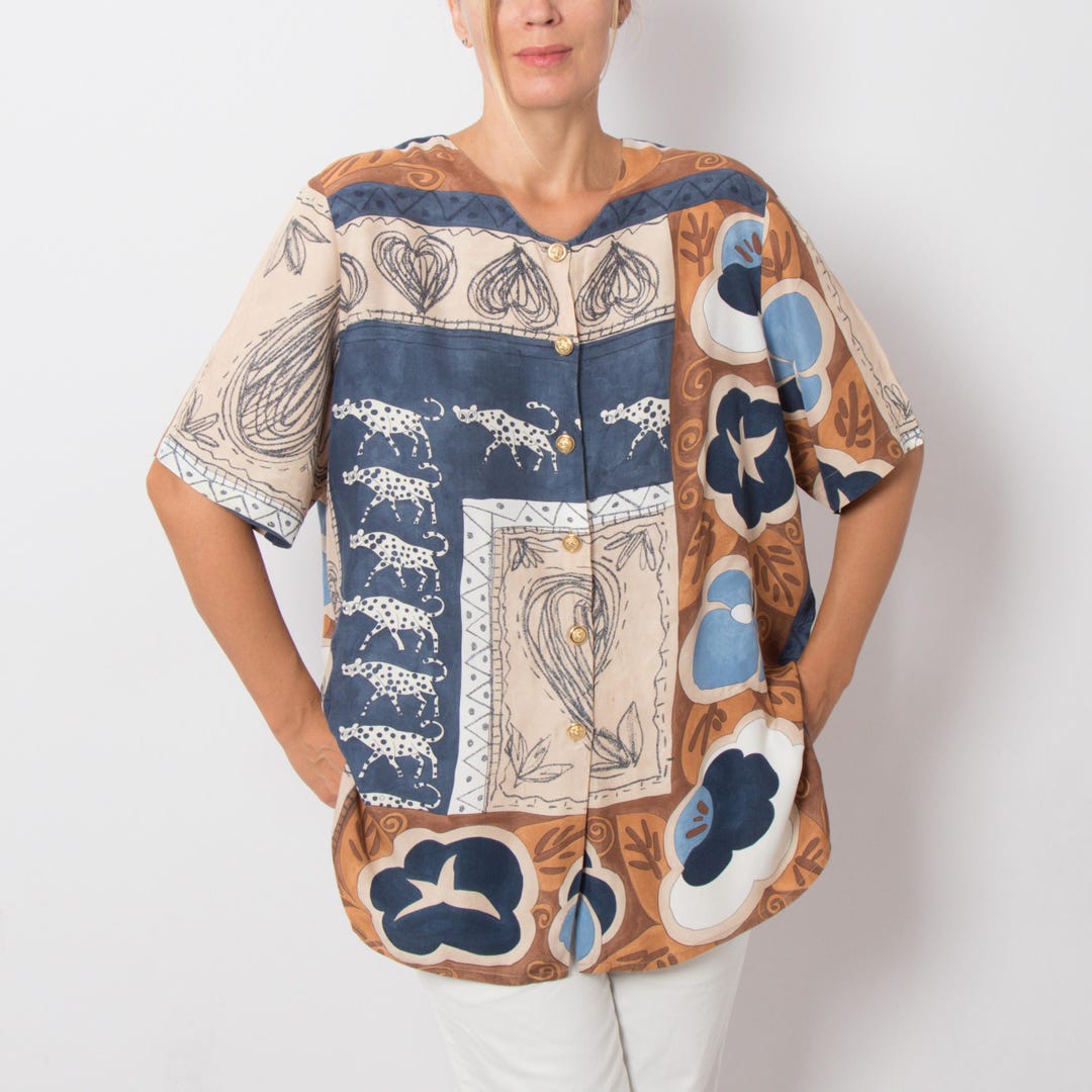 Vintage 90s Boho Oversized Button up Shirt Tribal Print Earthy Tones ...