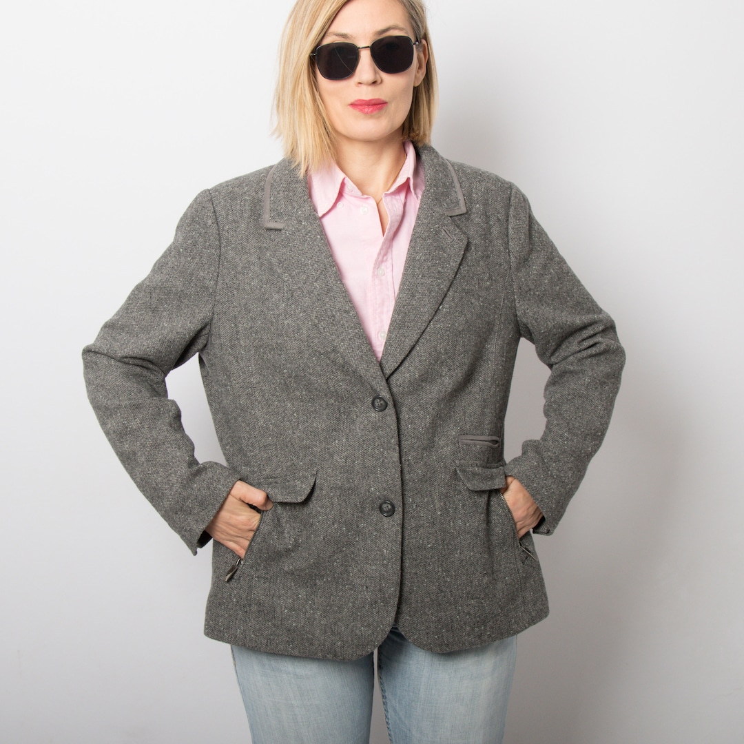 Classic Tweed Blazer Women Grey Tweed Jacket Herringbone Jacket Tweed ...
