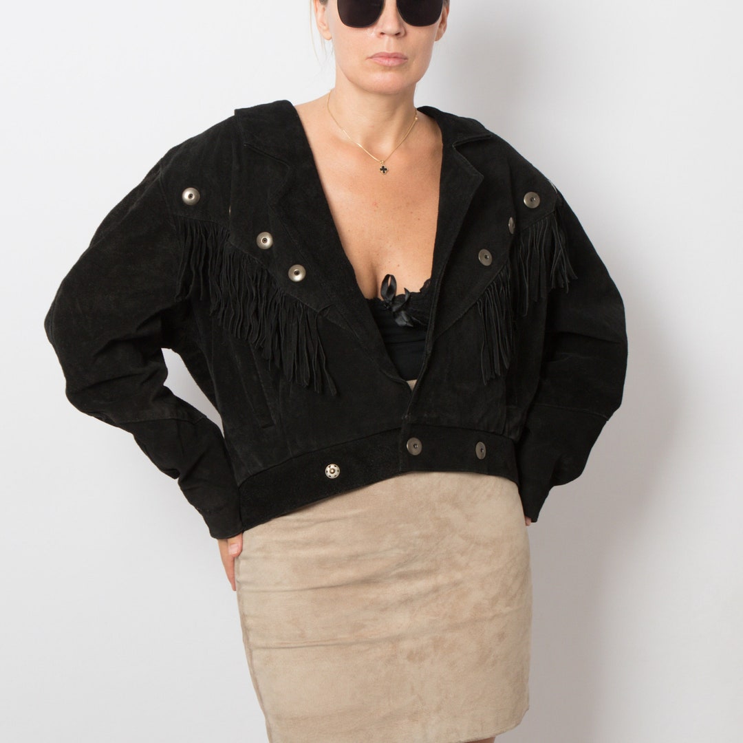 Vintage Black Suede Fringe Jacket Crop Leather Jacket Cropped Leather ...