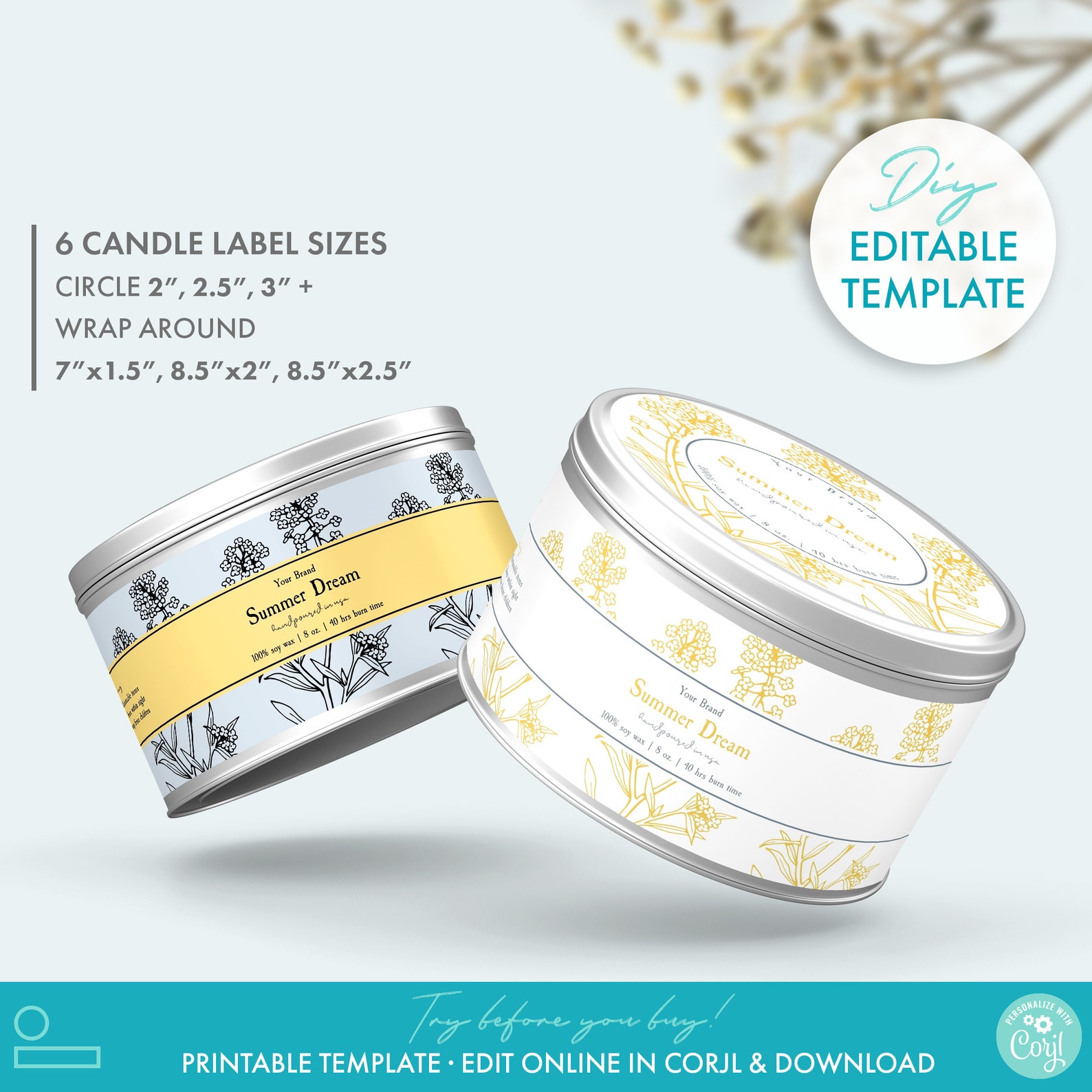 Printable Botanical Wrap Around Candle Jar Label Template 3 - Etsy ...