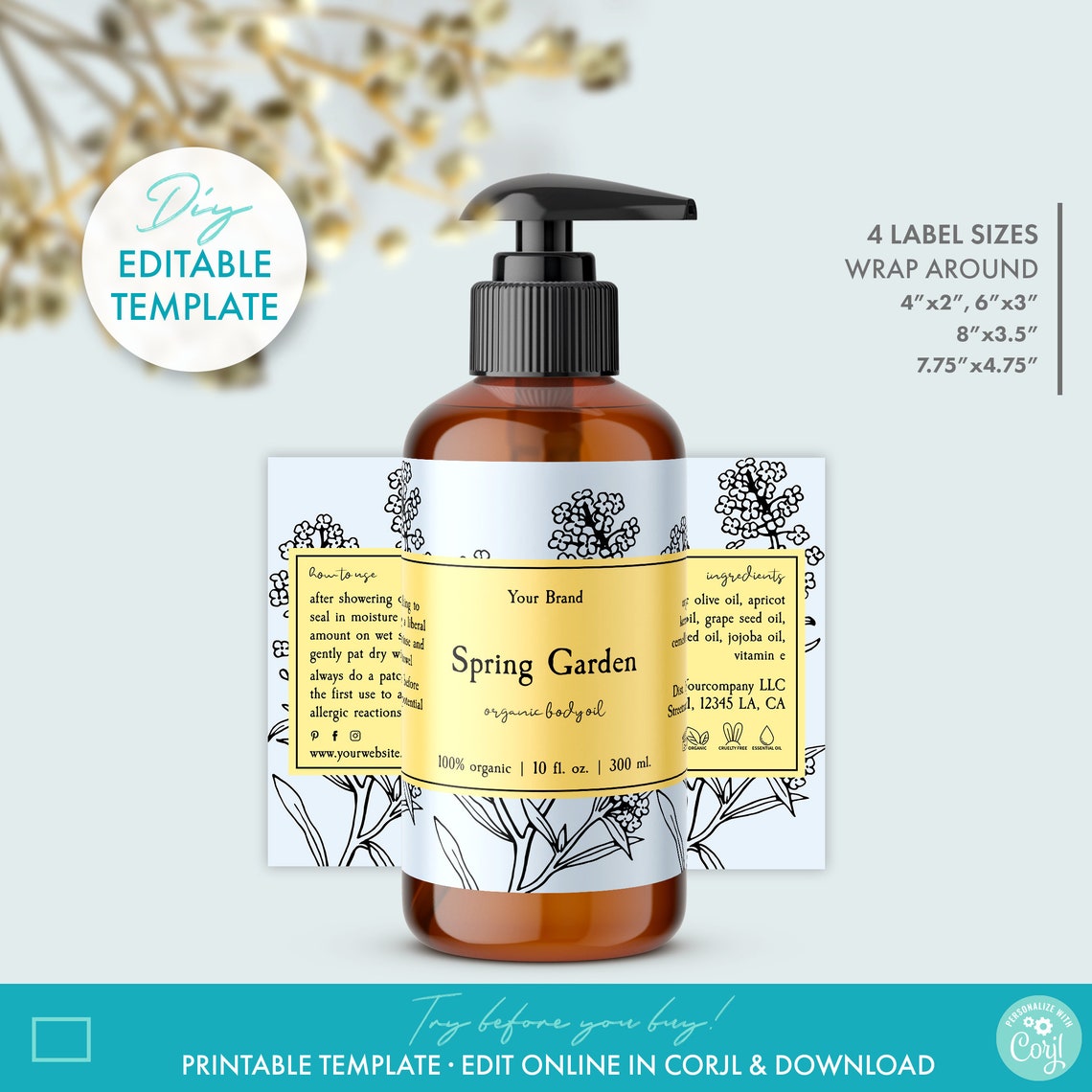 Fully Editable Botanical Body Product Label Template 4 Sizes - Etsy