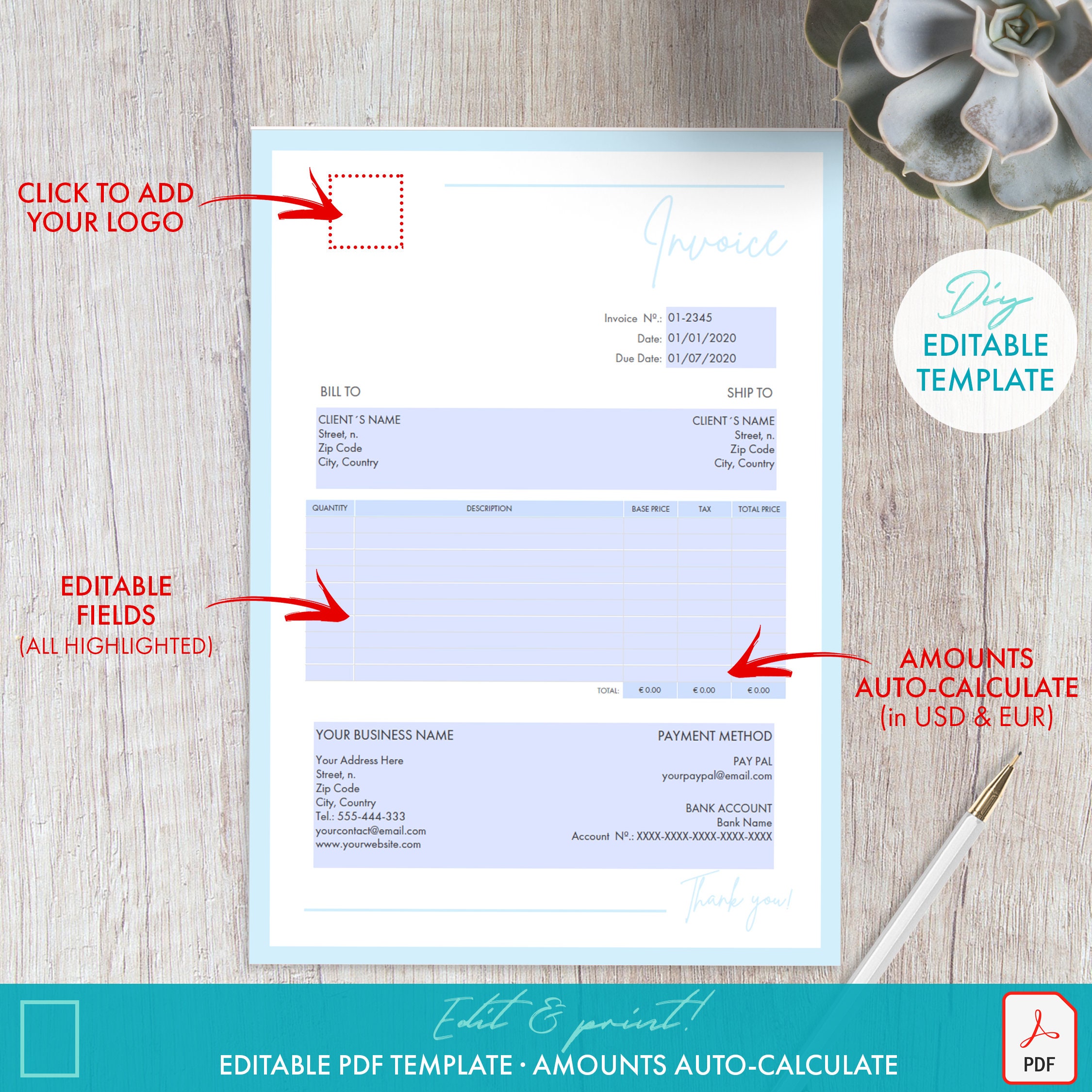 Printable Elegant Invoice Template PDF Download 2 Colors | Etsy