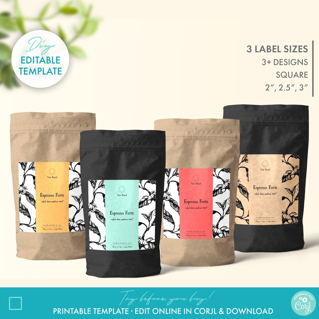 Editable Coffee Packaging Label Template (3 Sizes) - Botanical Coffee ...