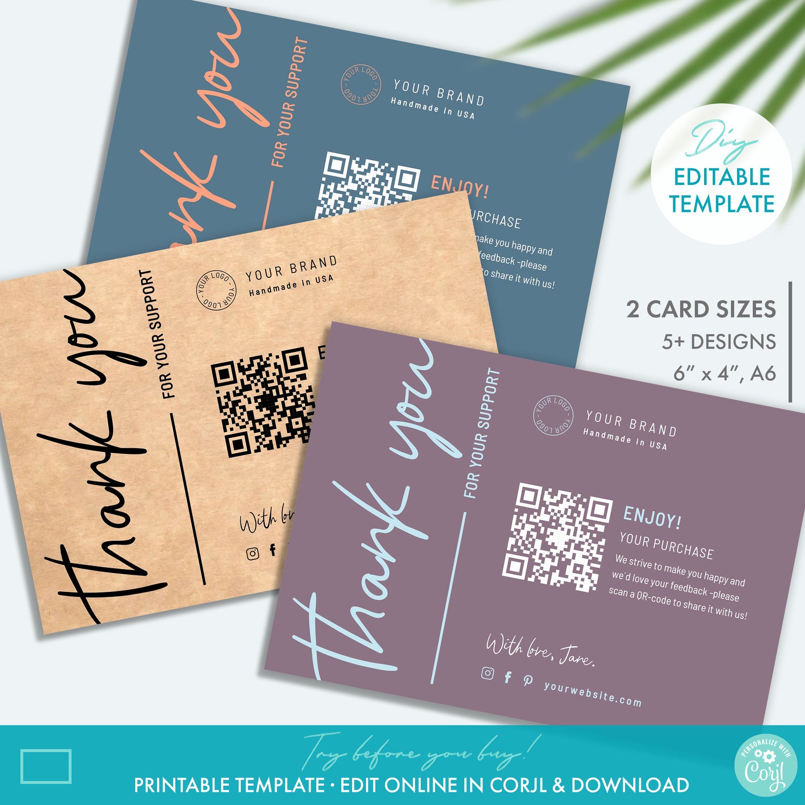 Editable Business Thank You Card Template W/ Qr-code Review | Etsy