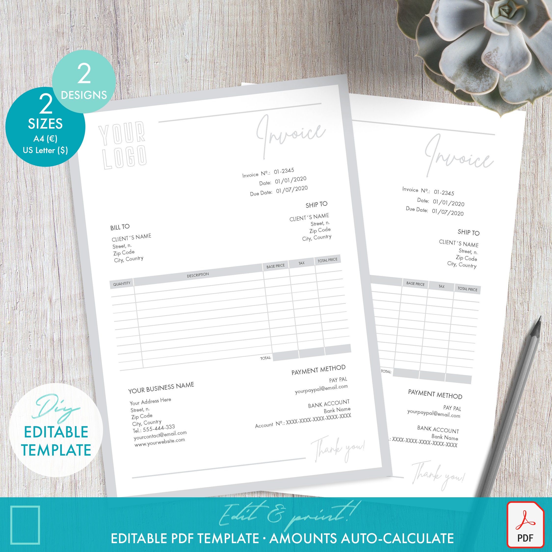 Editable Monochrome Minimalist Invoice Template PDF Download - Etsy