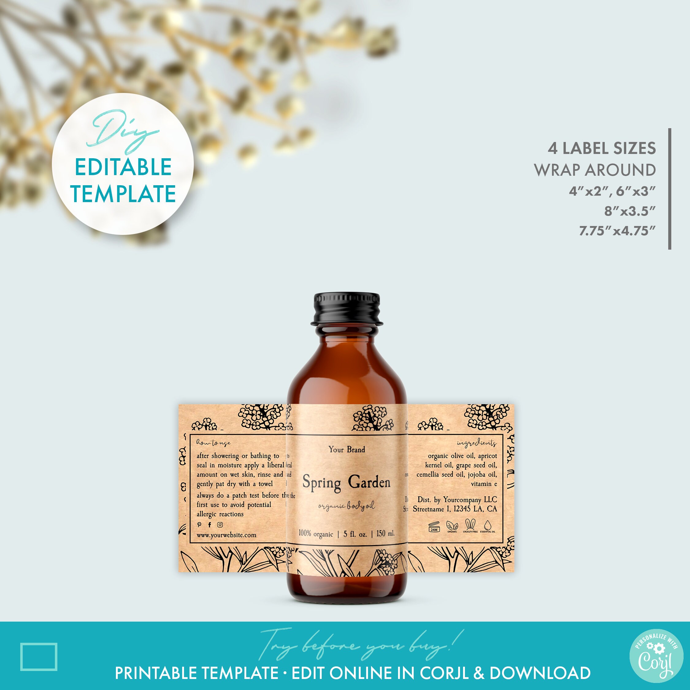 Fully Editable Botanical Body Product Label Template 4 Sizes - Etsy UK