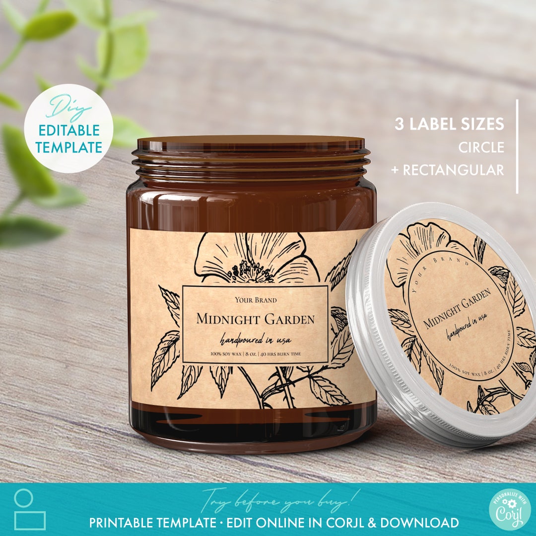 Printable Candle Jar Label Template (6 Sizes), Editable Botanical Wrap ...