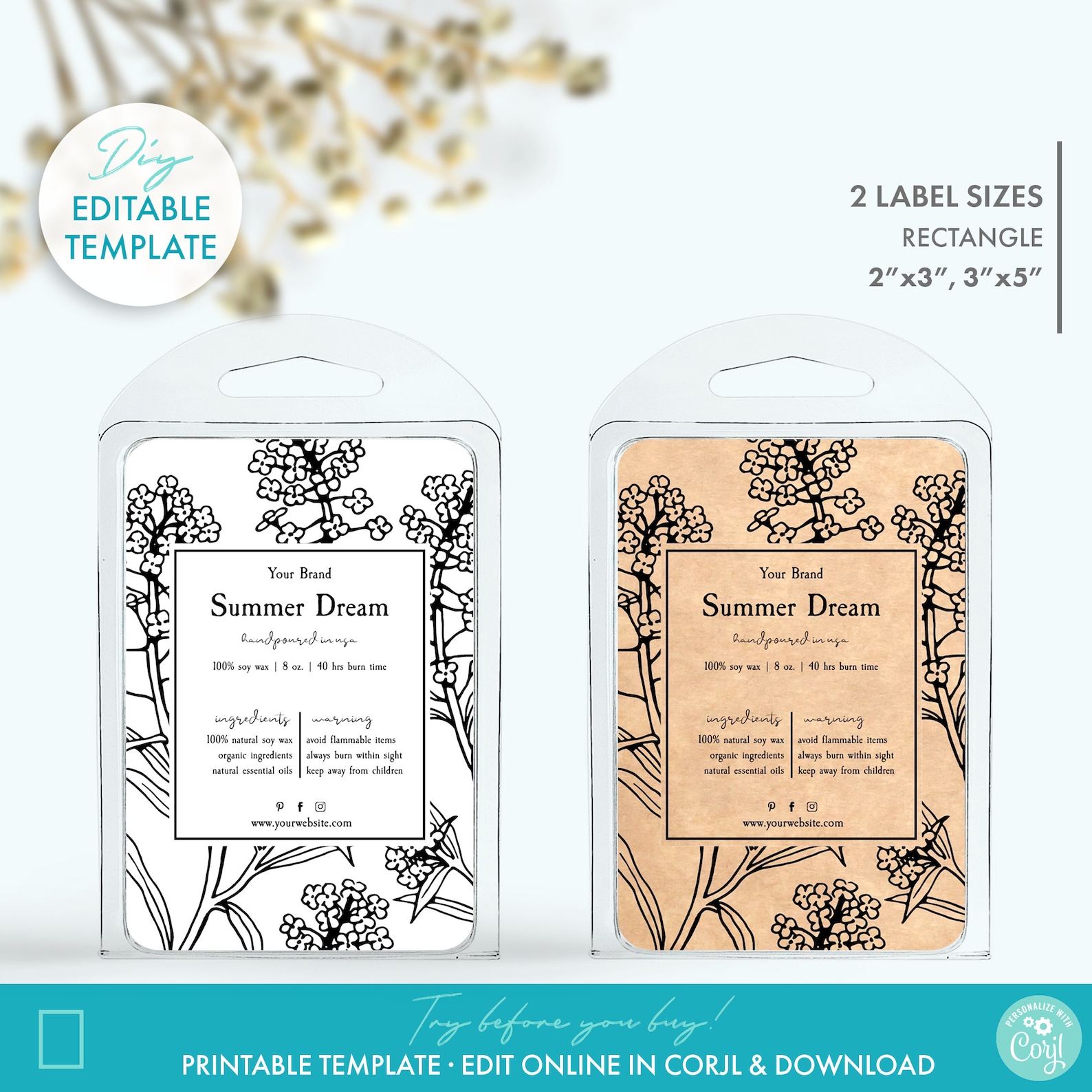 Editable Botanical Wax Melts Label Template 2 Sizes DIY | Etsy