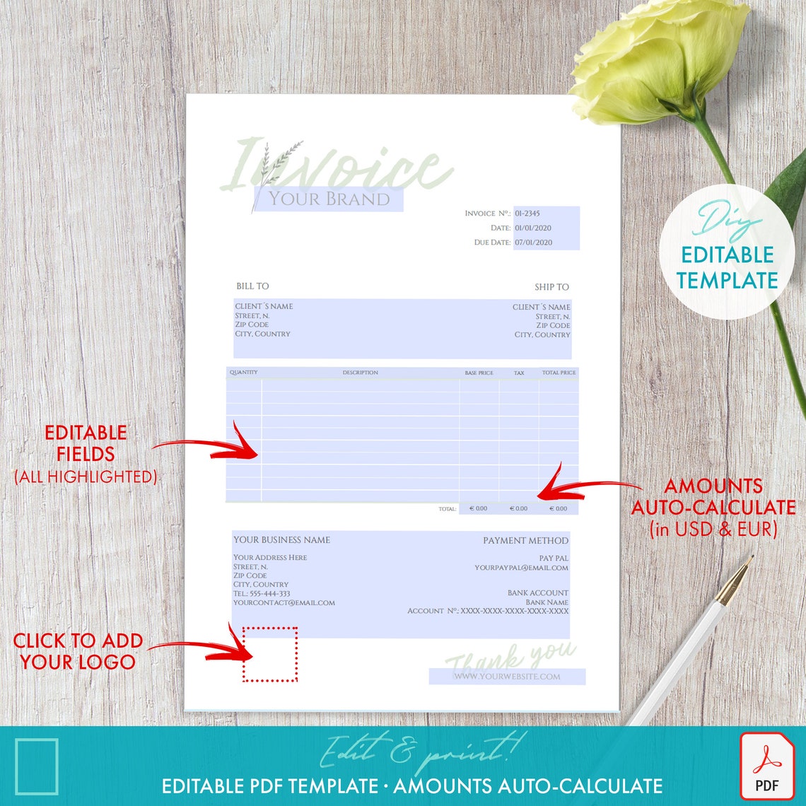 Printable Floral Elegant Invoice Template Download 2 - Etsy