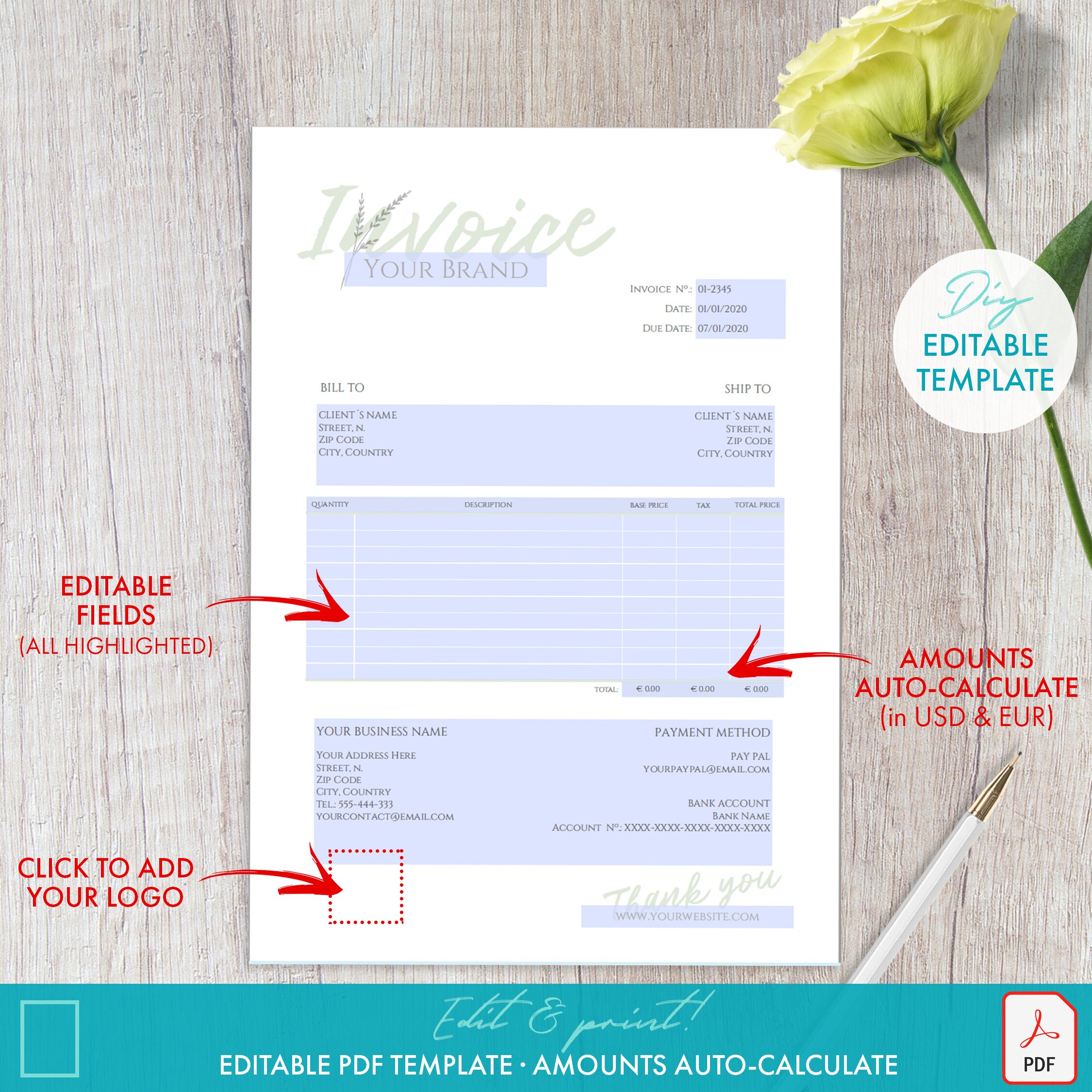 Printable Floral Elegant Invoice Template Download 2 - Etsy