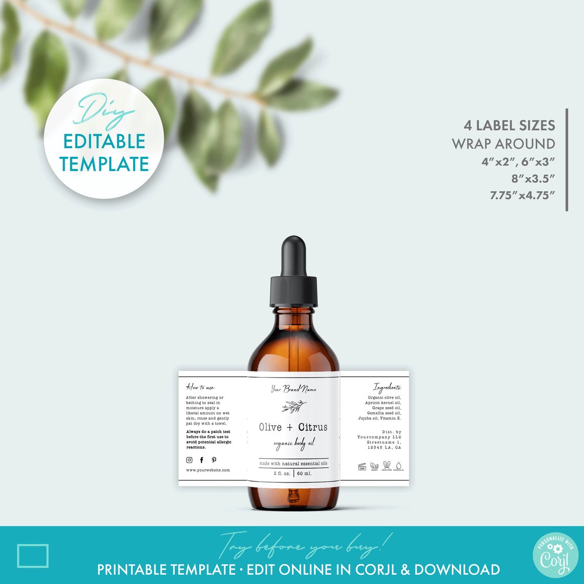 Editable Floral Body Product Bottle Label Template 4 Sizes | Etsy