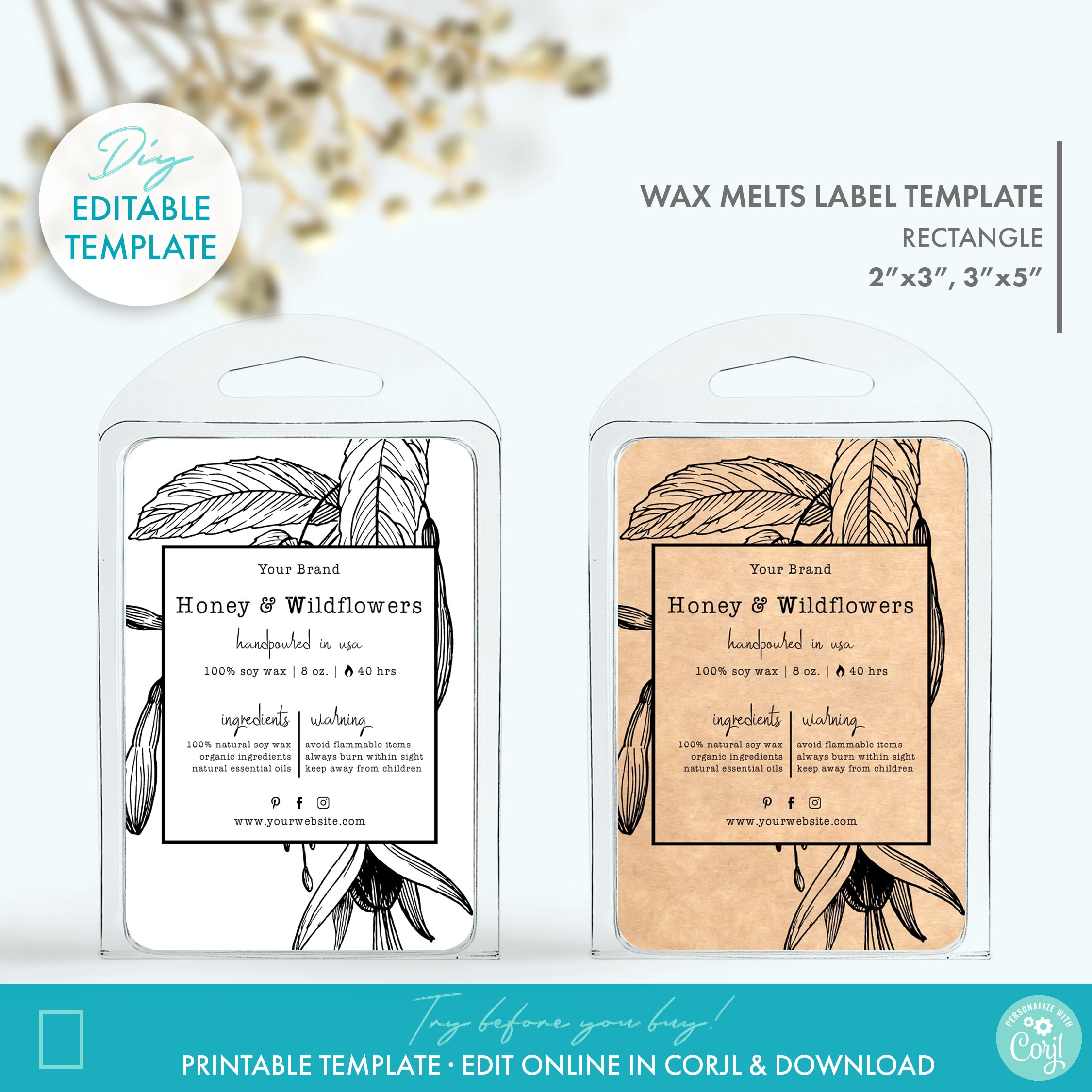 Printable Botanical Wax Melts Label Template 2 Sizes DIY | Etsy