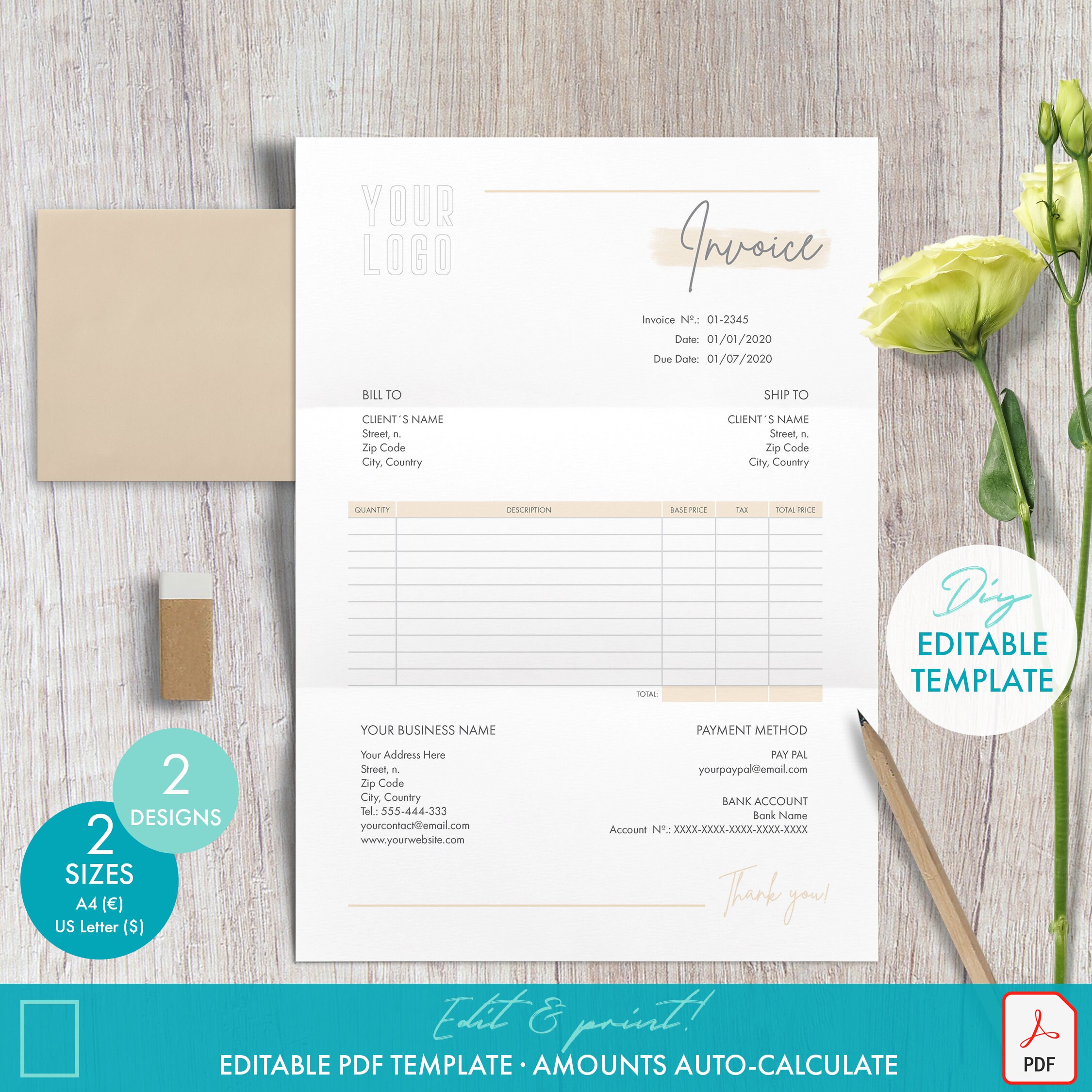 Printable Elegant Invoice Template PDF Download 2 Colors - Etsy