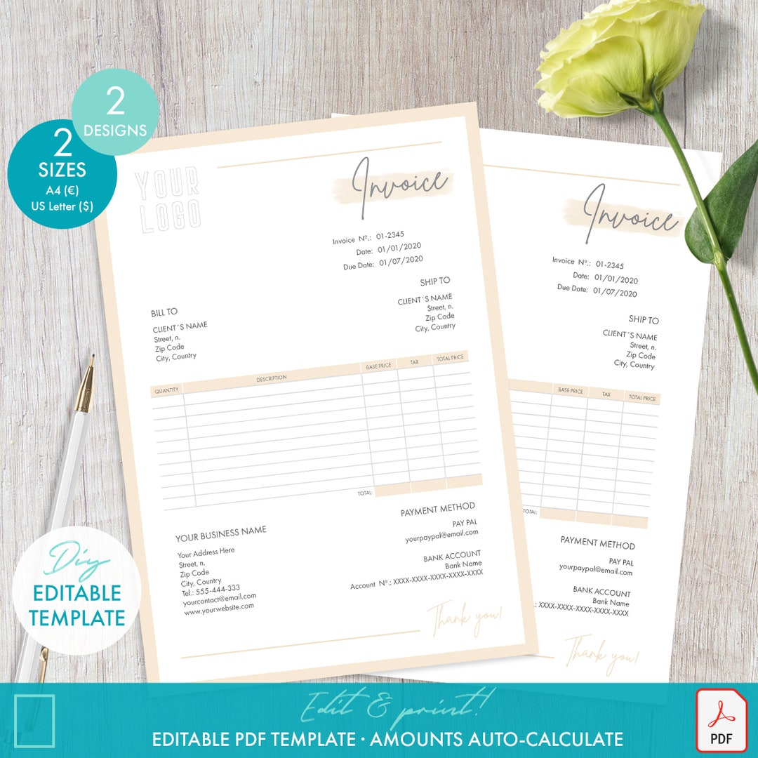 Printable Elegant Invoice Template PDF Download (2 Colors!) - Editable ...