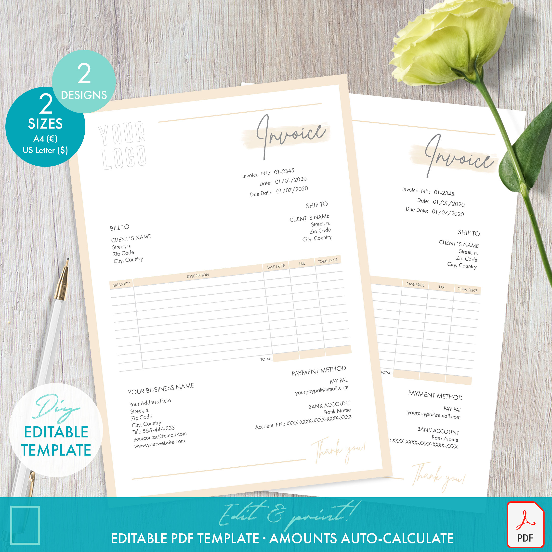 Printable Elegant Invoice Template PDF Download 2 Colors - Etsy
