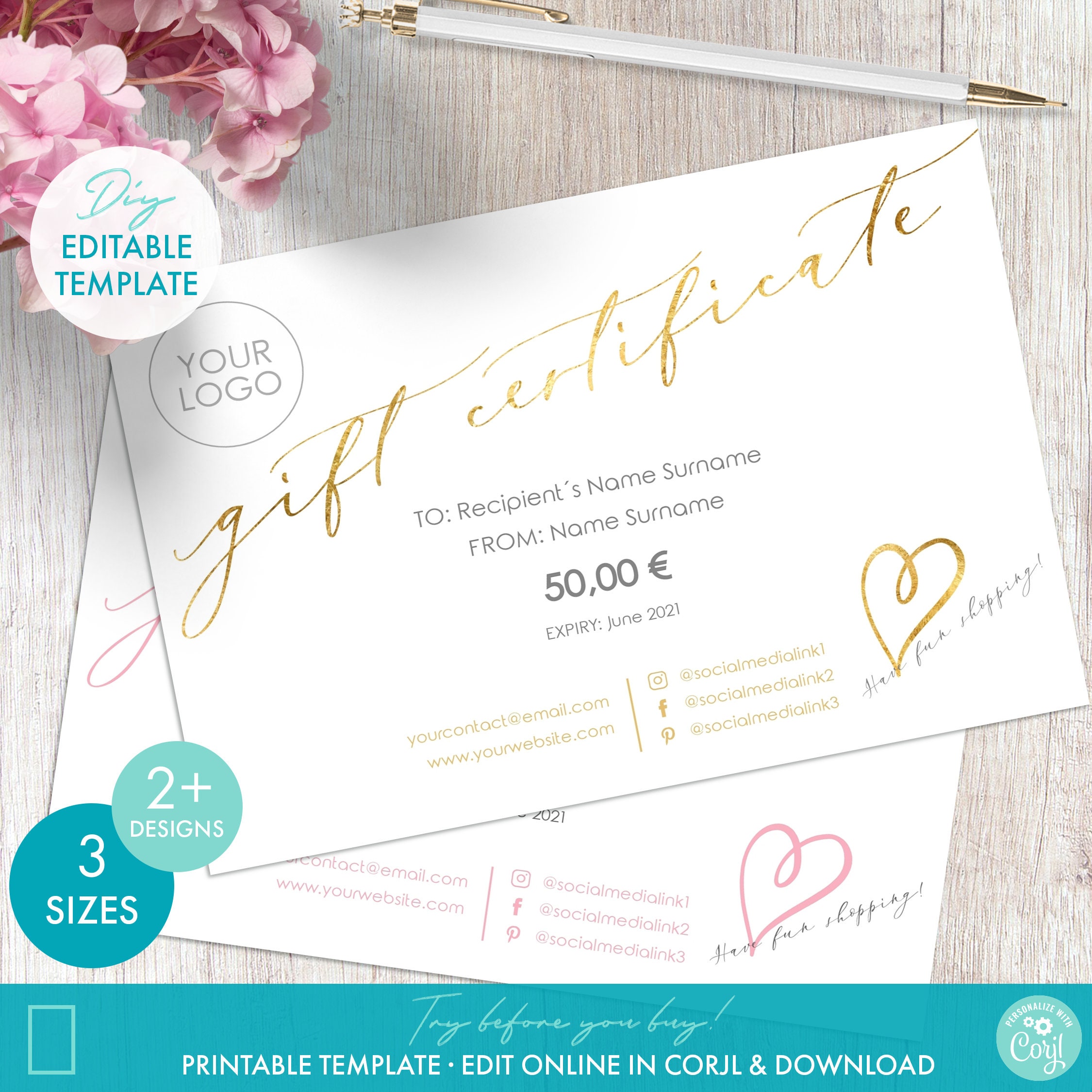 Editable Gift Certificate Template Download Printable Custom | Etsy
