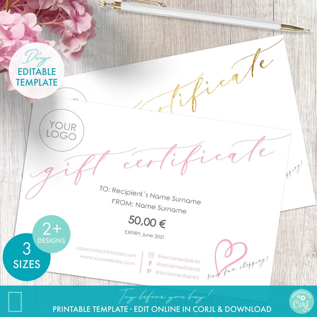 Editable Gift Certificate Template Download - Printable Custom Logo ...