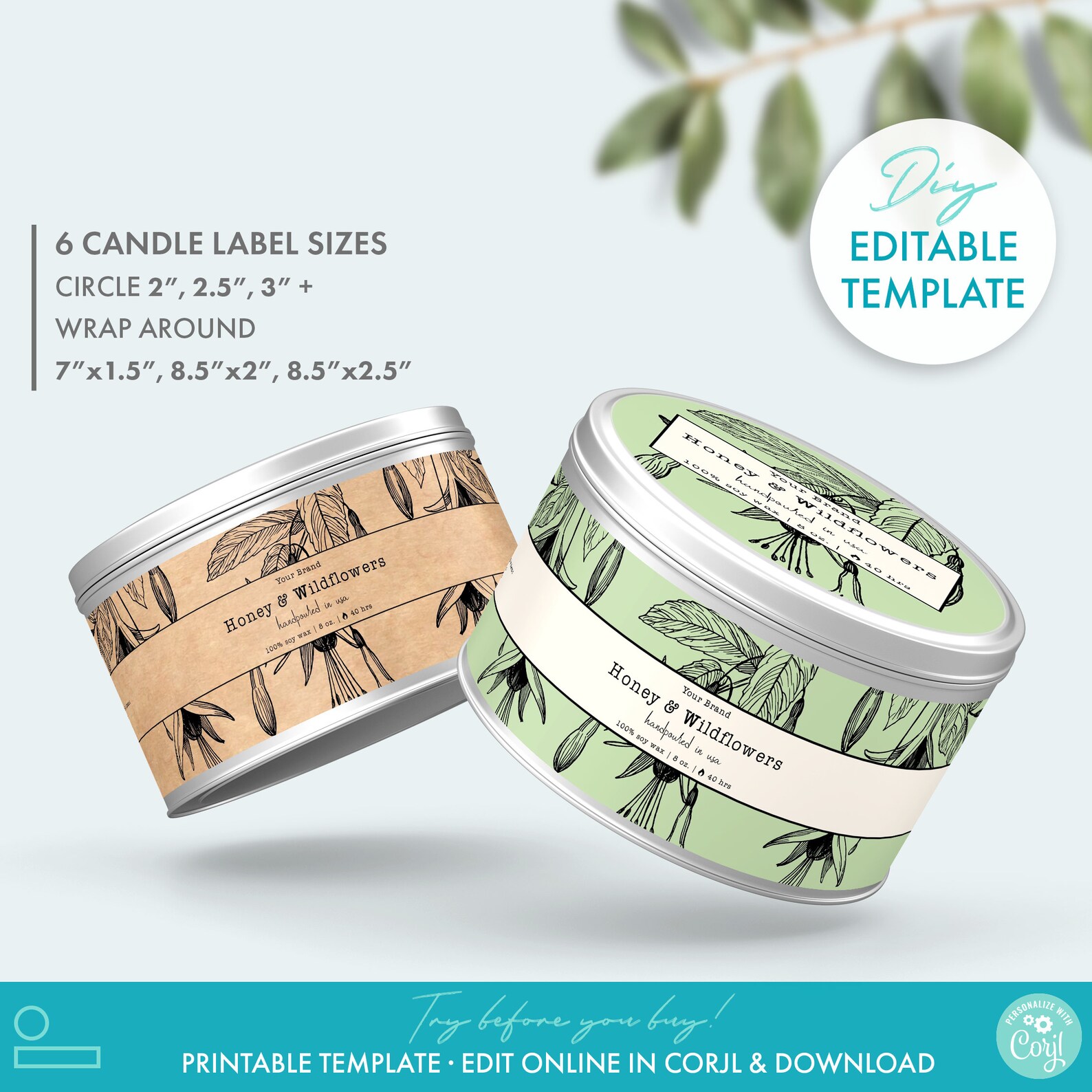 Printable Botanical Candle Jar Label Template Circle & Wrap | Etsy