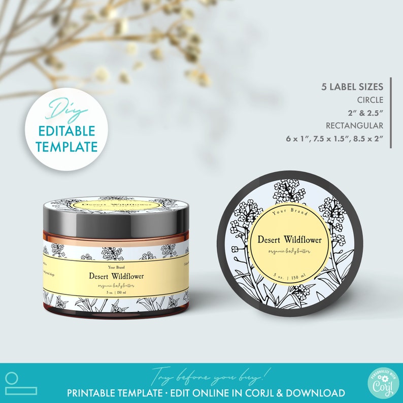 Editable Botanical Cosmetic Jar Label Template 5 Sizes - Etsy