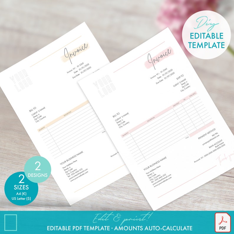 Editable Modern Invoice Template PDF Form 2 Colors W/ - Etsy