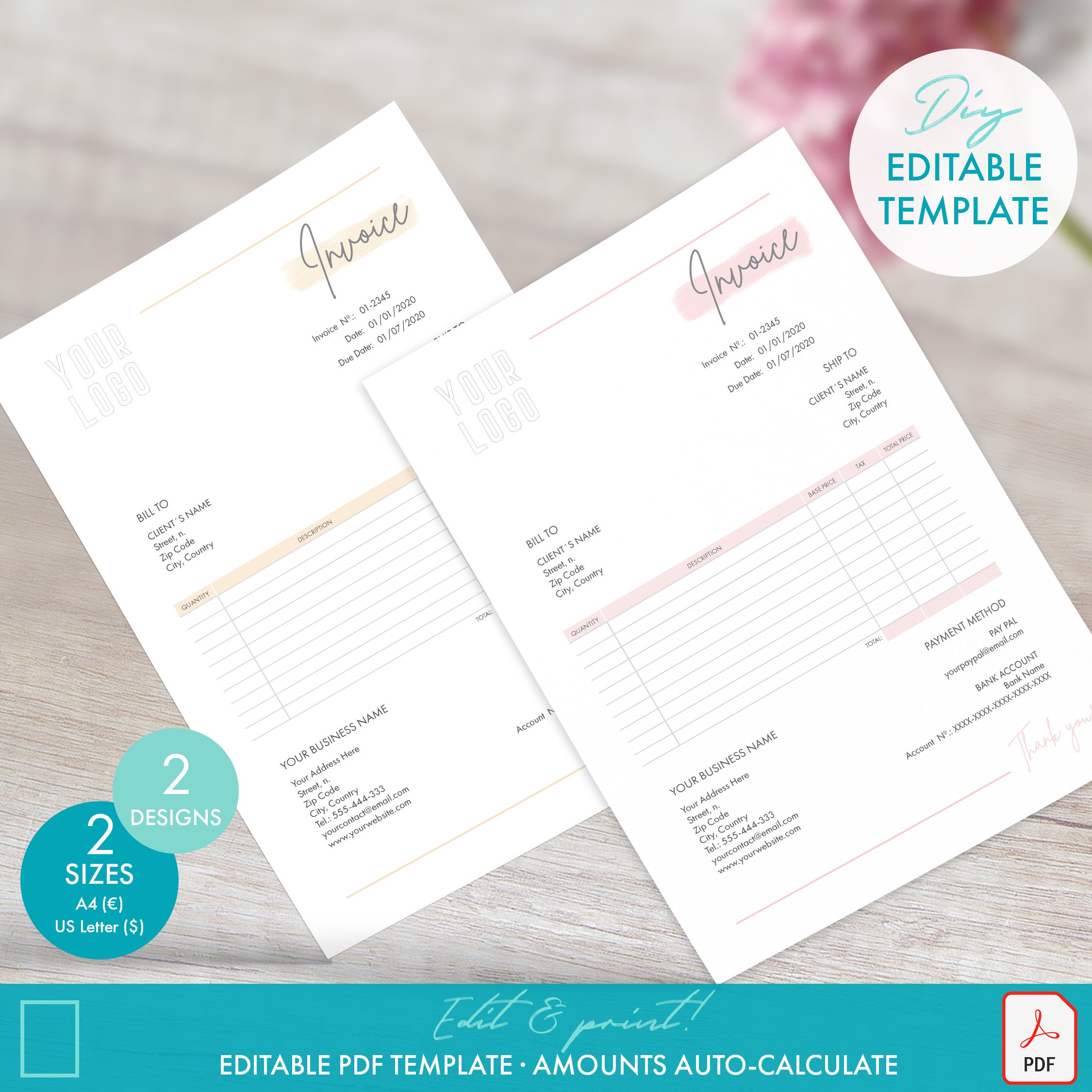 Editable Modern Invoice Template PDF Form 2 Colors w/ | Etsy