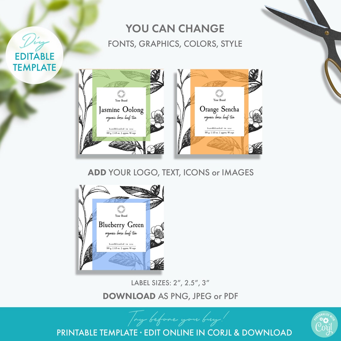 Editable Tea Packaging Label Template 3 Sizes DIY | Etsy