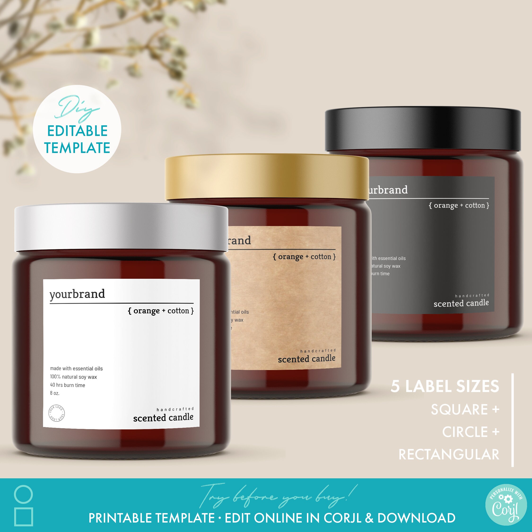 DIY Minimal Candle Jar Label Template 5 Sizes Editable | Etsy