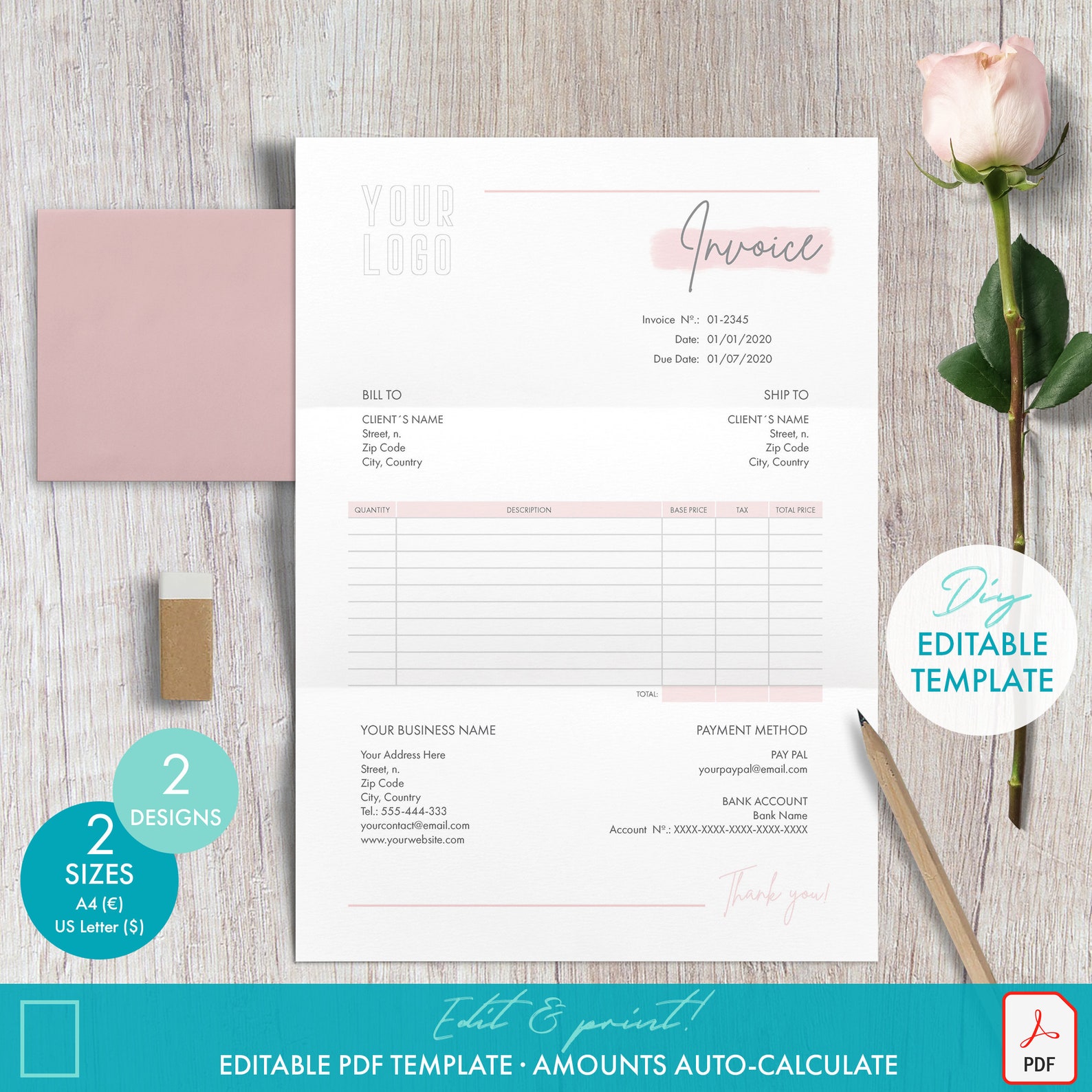 Editable Modern Invoice Template PDF Form 2 Colors w/ | Etsy