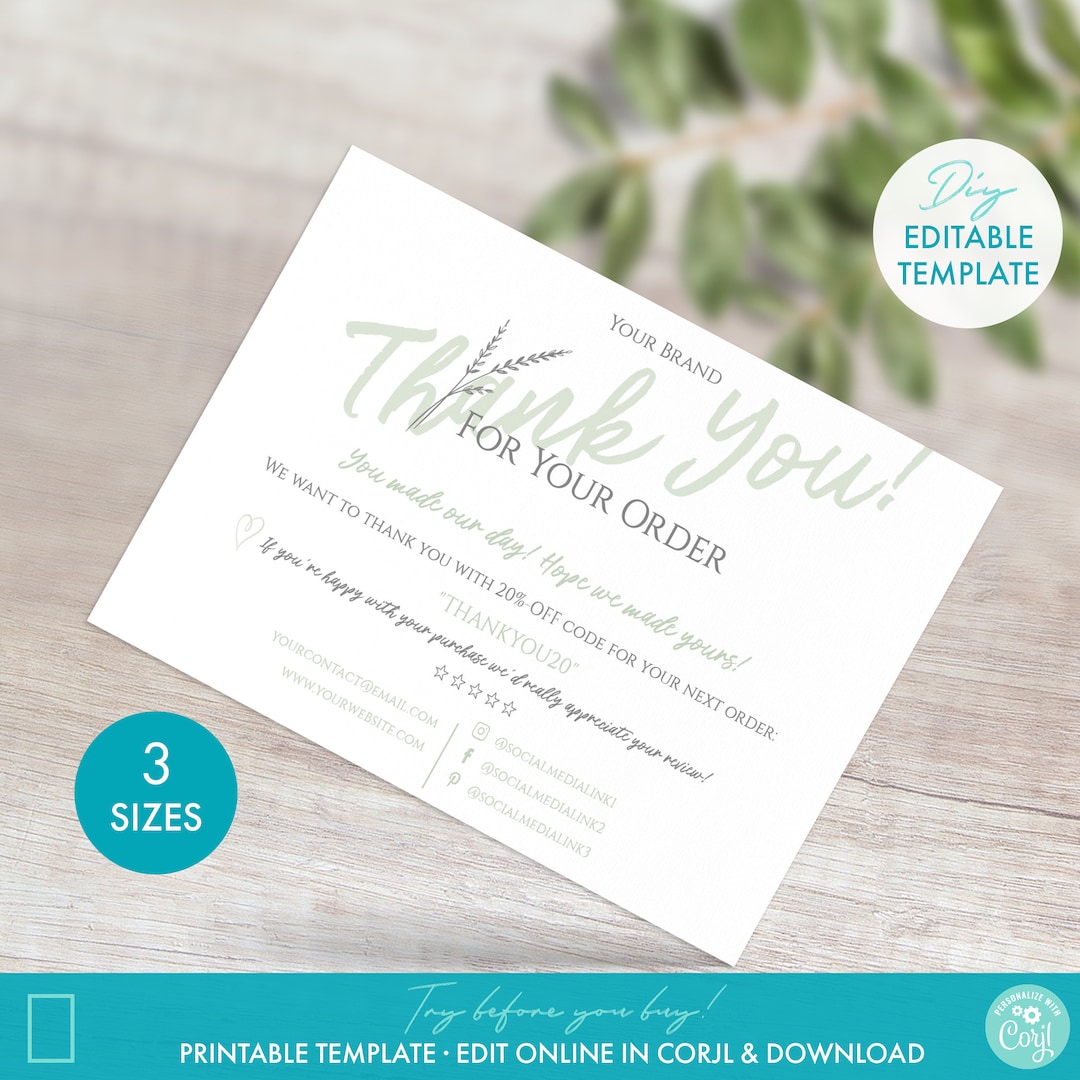 Editable Thank You for Your Order Card Template, Floral Order Insert ...
