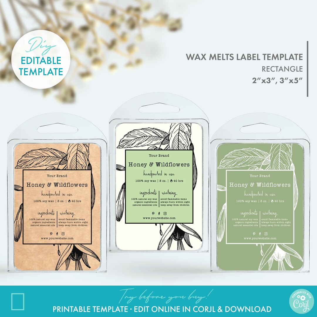 Printable Botanical Wax Melts Label Template (2 Sizes), DIY Editable ...