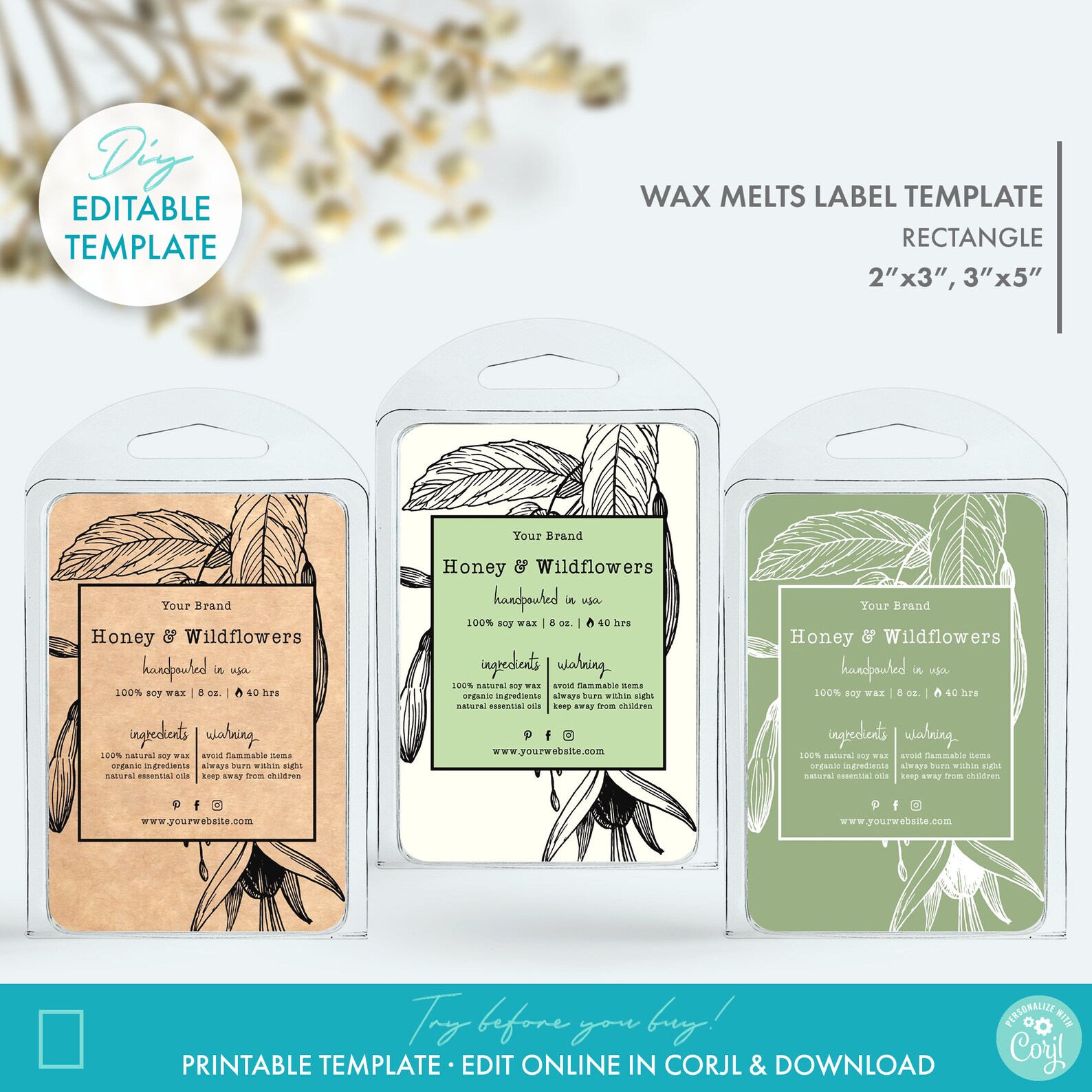 Editable Botanical Wax Melts Label Template 2 Sizes DIY - Etsy