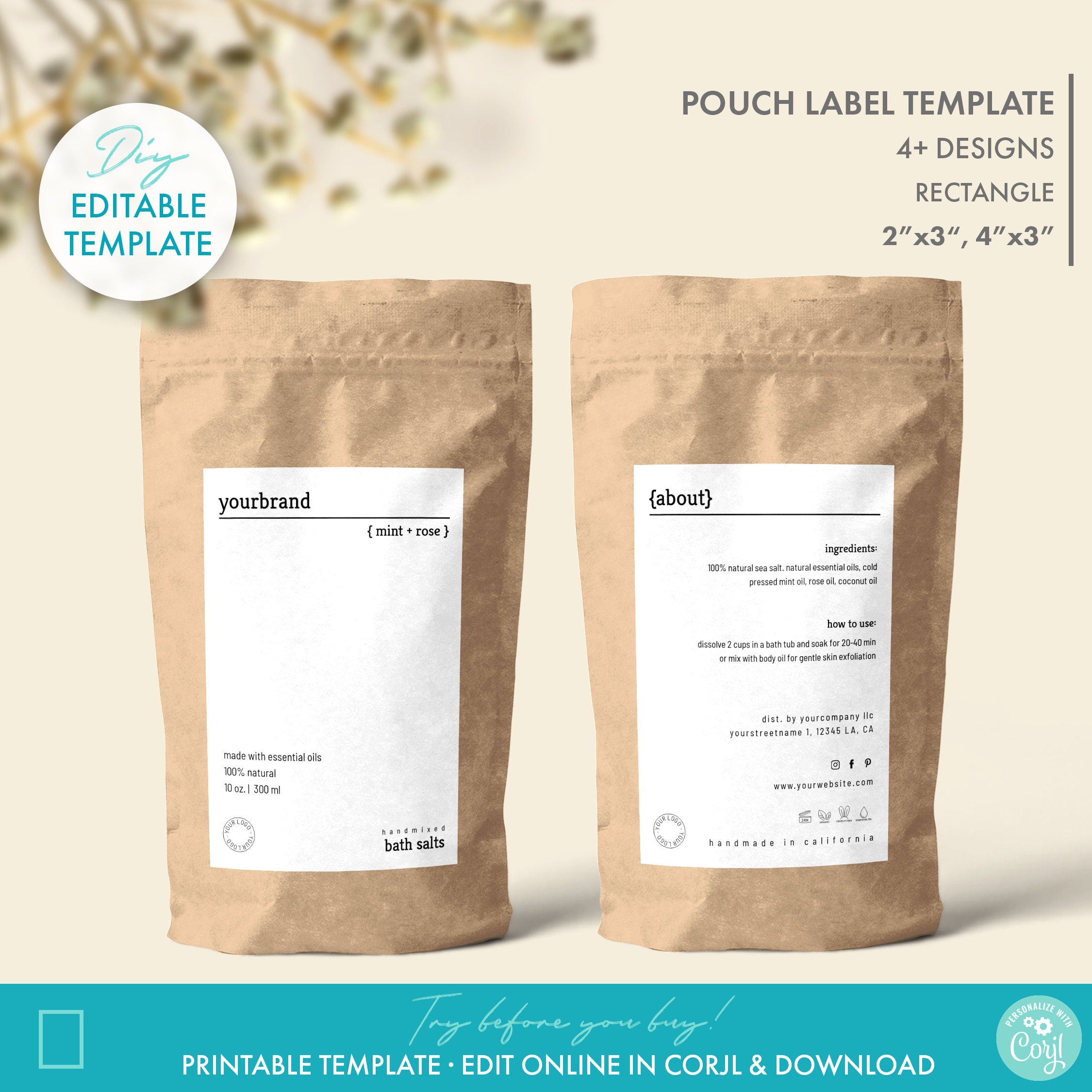 DIY Minimalist Bath Salts Pouch Label Template 2 Sizes | Etsy