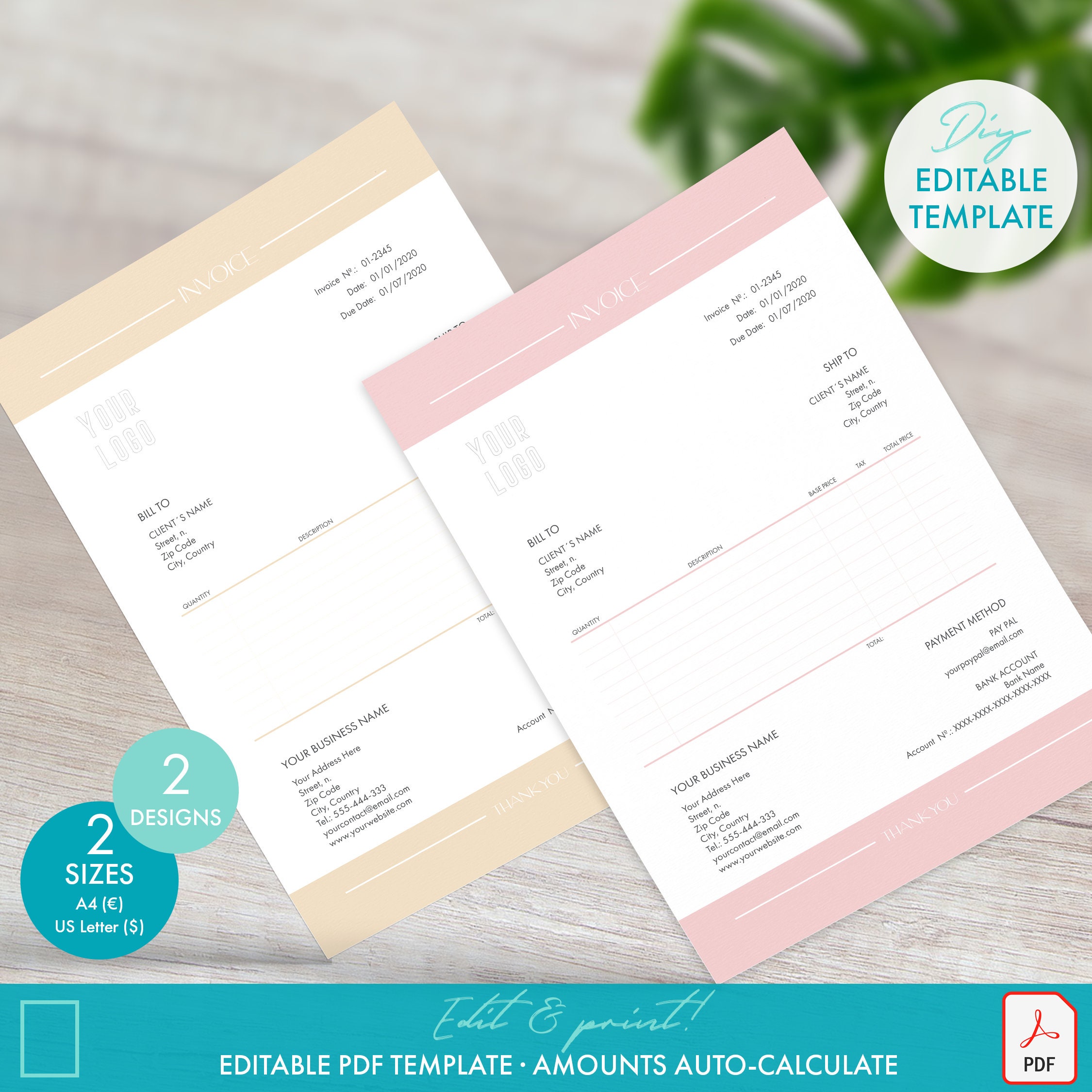 Editable Professional Invoice PDF Template 2 Colors 2 - Etsy